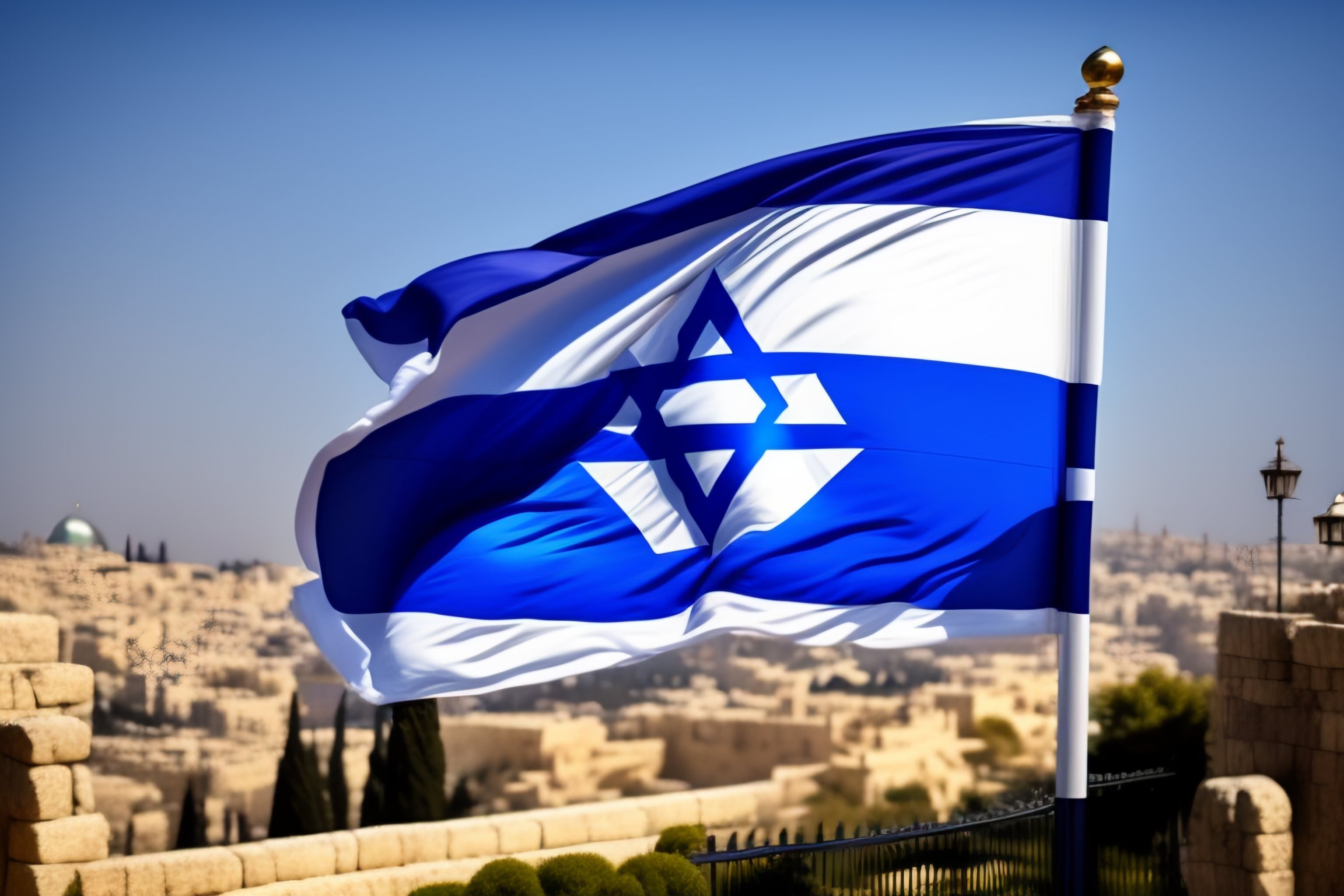 Lexica - A shot of the Israeli flag flying over the city of Jerusalem.