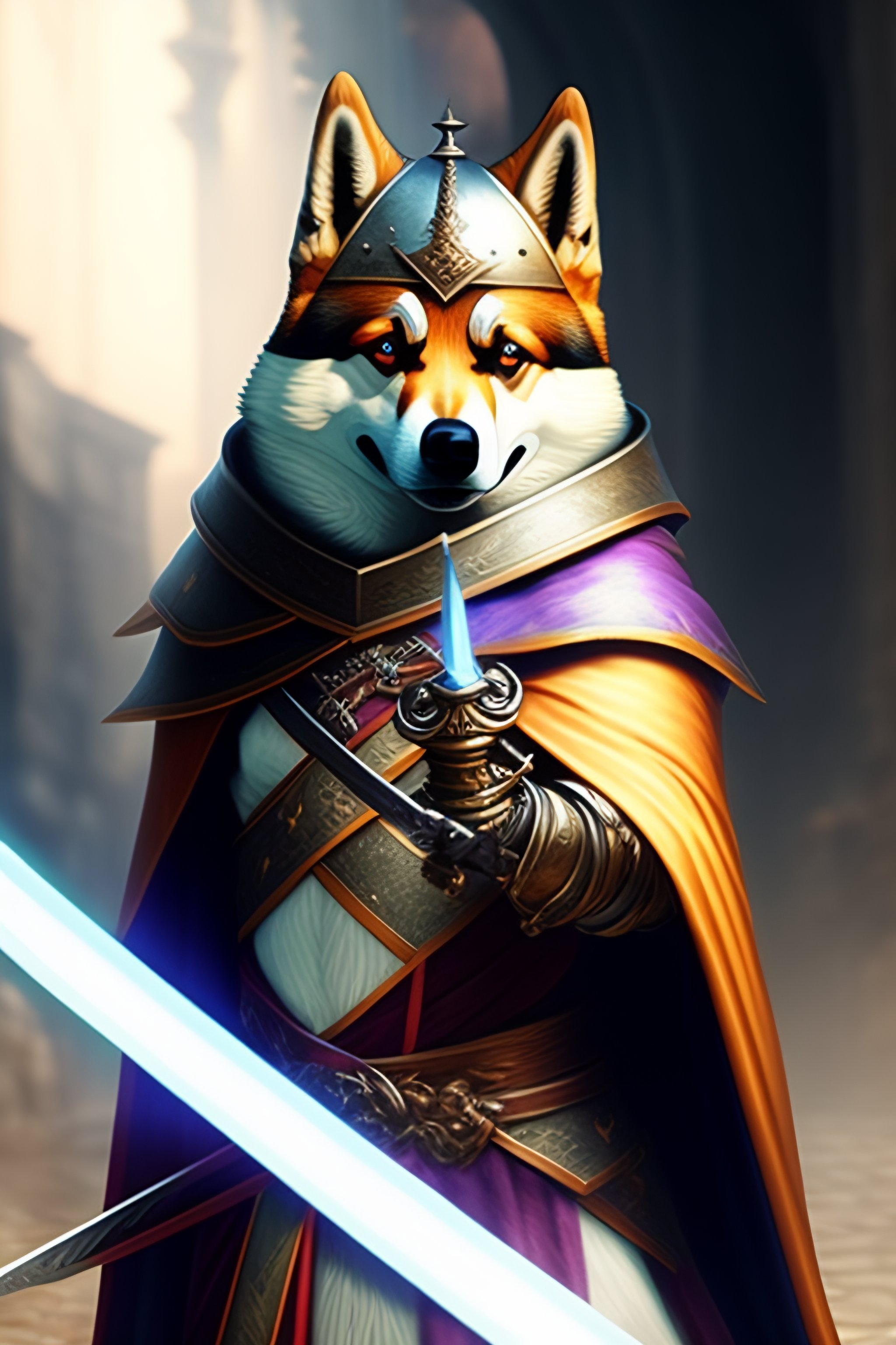 Lexica - A Doge Crusader holding a magic sword.
