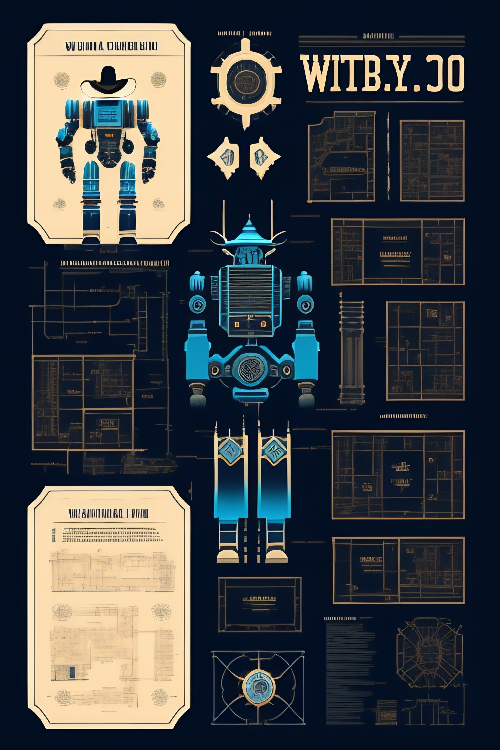 Lexica - Robotic cowboy, blueprint, plans, infographic, poster ...