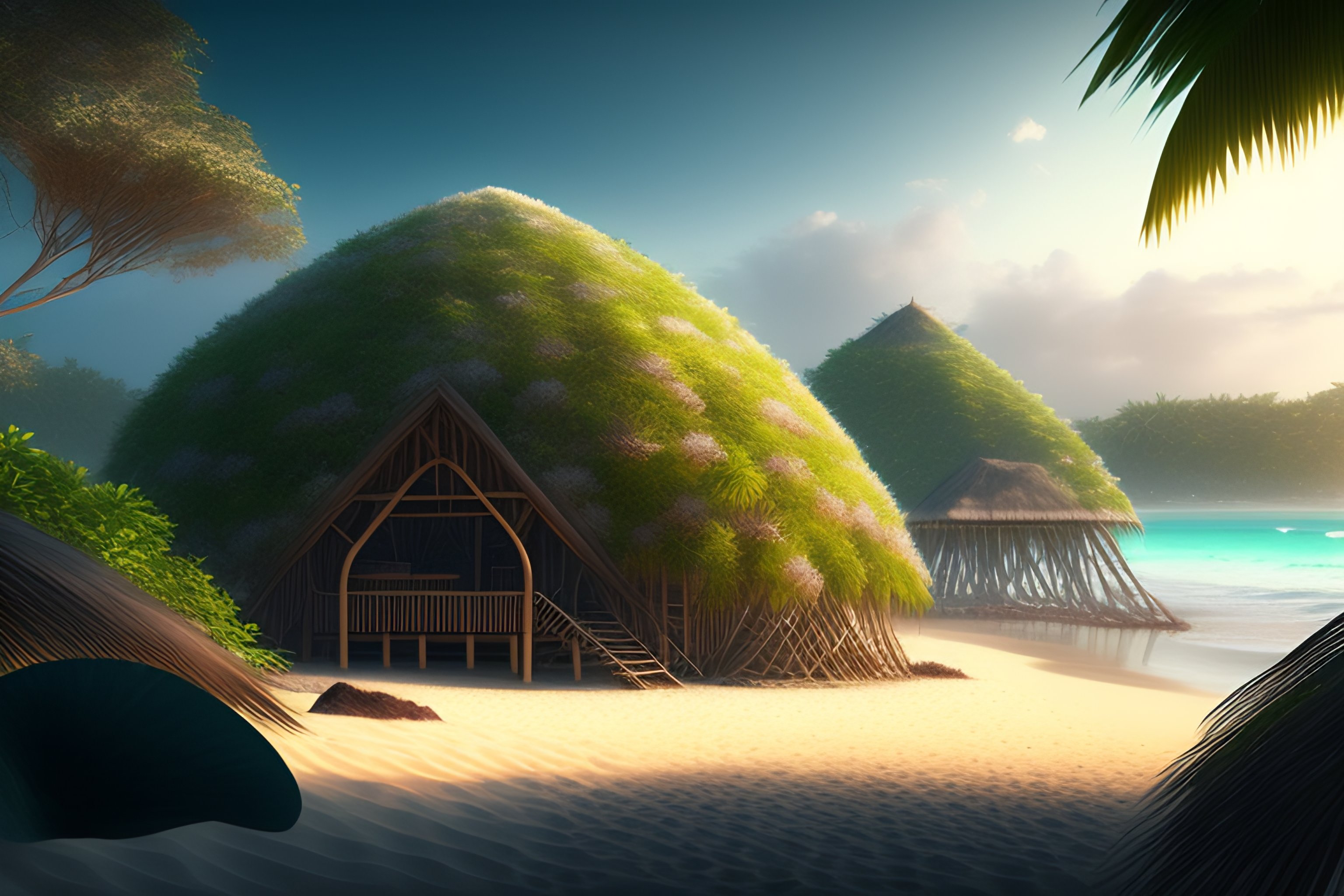 Lexica - Giant hut bamboo on tropical island beach yucca giant shells ...