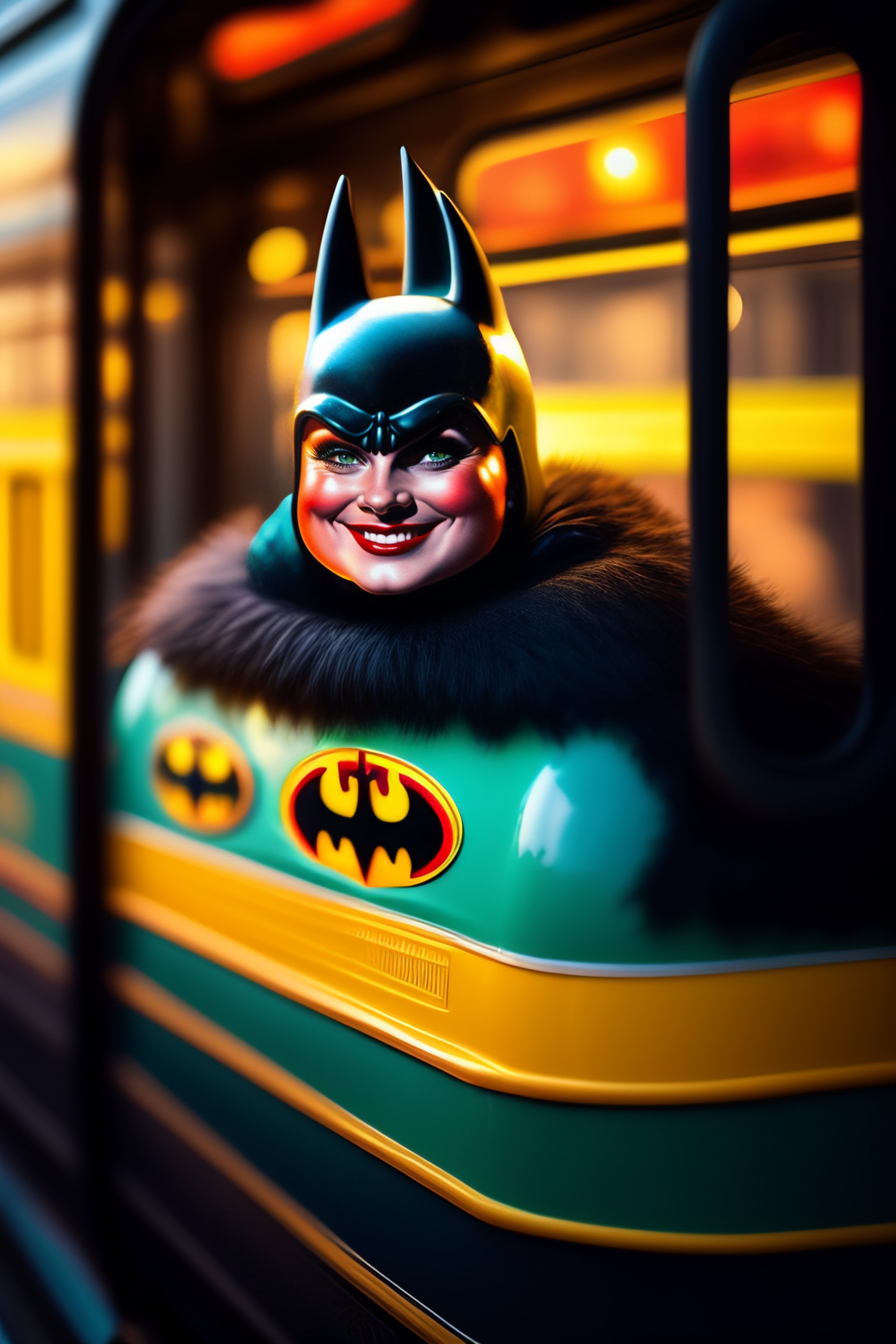 Lexica - Bimbo batman in a tramway, higly detailed, in a joyful lighting