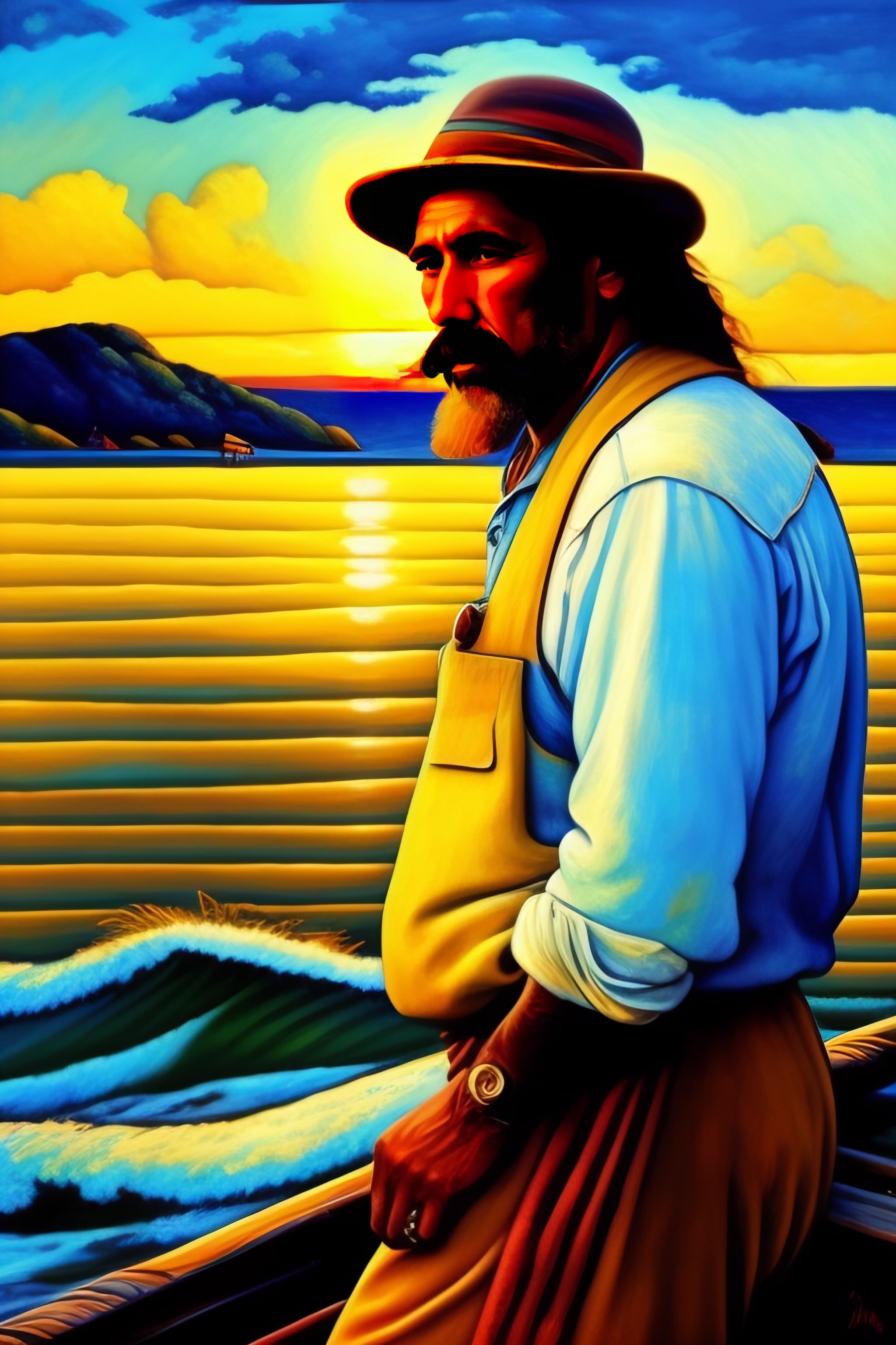 Lexica - Work of art of fishermen fishing next to Alfaro at sunset in a ...