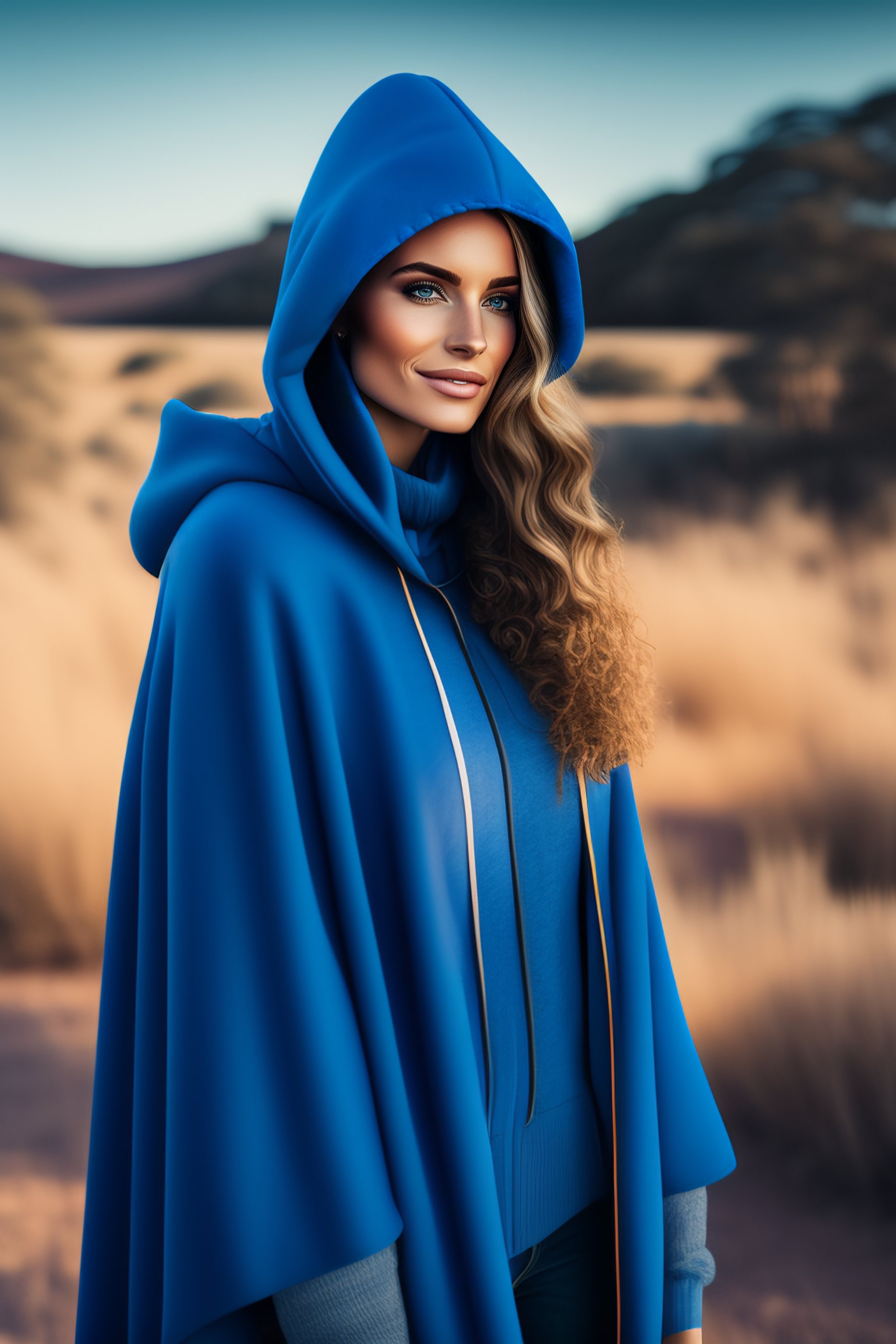Lexica - Full body portrait of woman in a blue oodie, The Oodie is ...