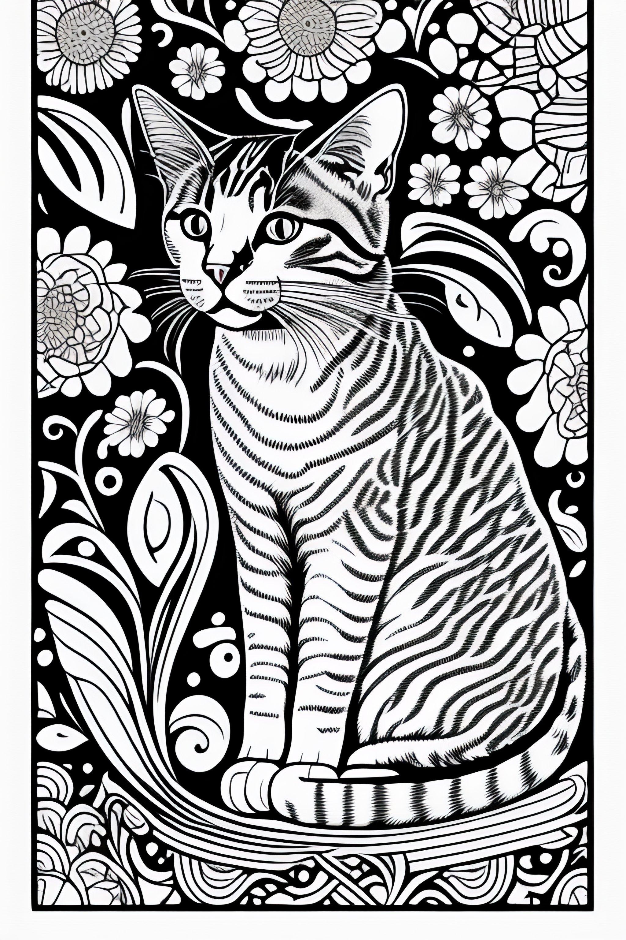 Lexica - Black and white,cat, outline, one line, coloring book page