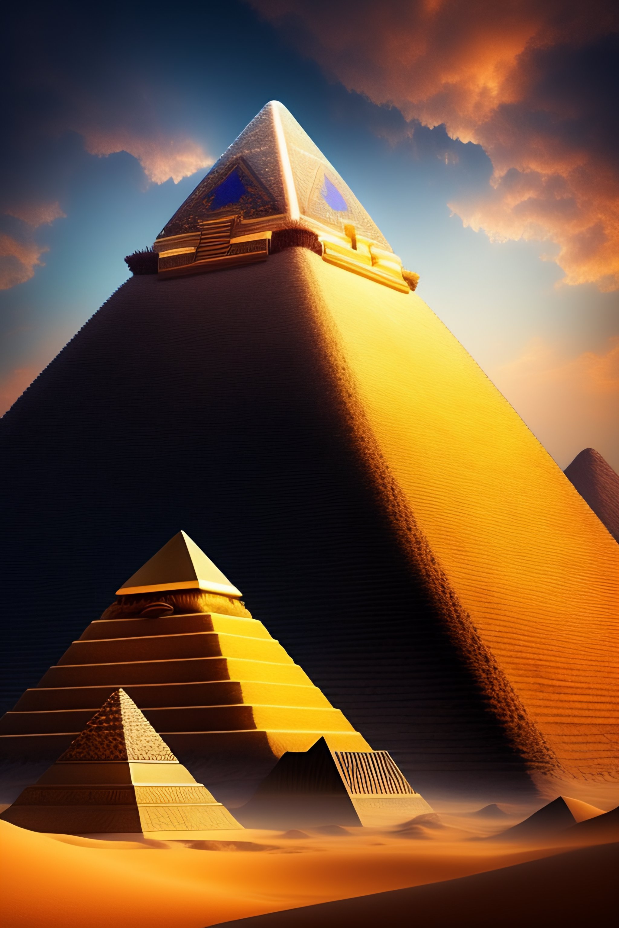 Lexica - Pyramids and a gold temple in a desert and immortal Gods