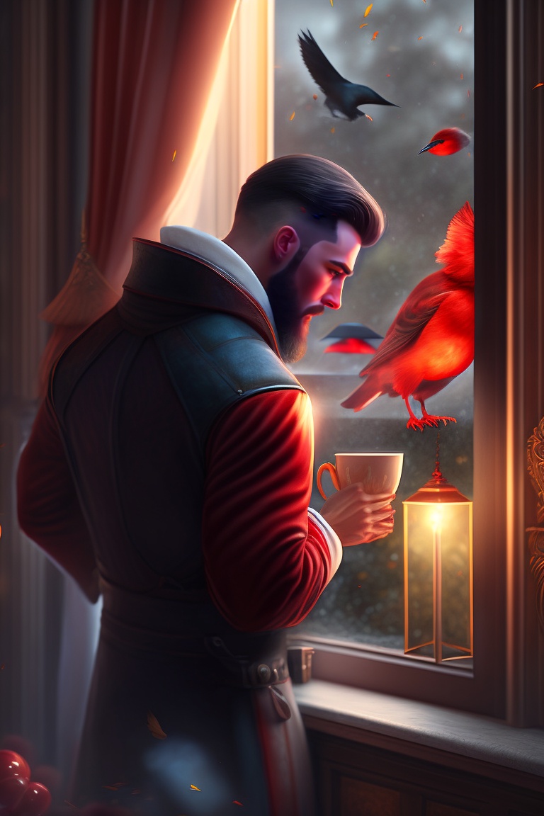 Lexica - A man, holding cup filled with blood, seeing outside window ...