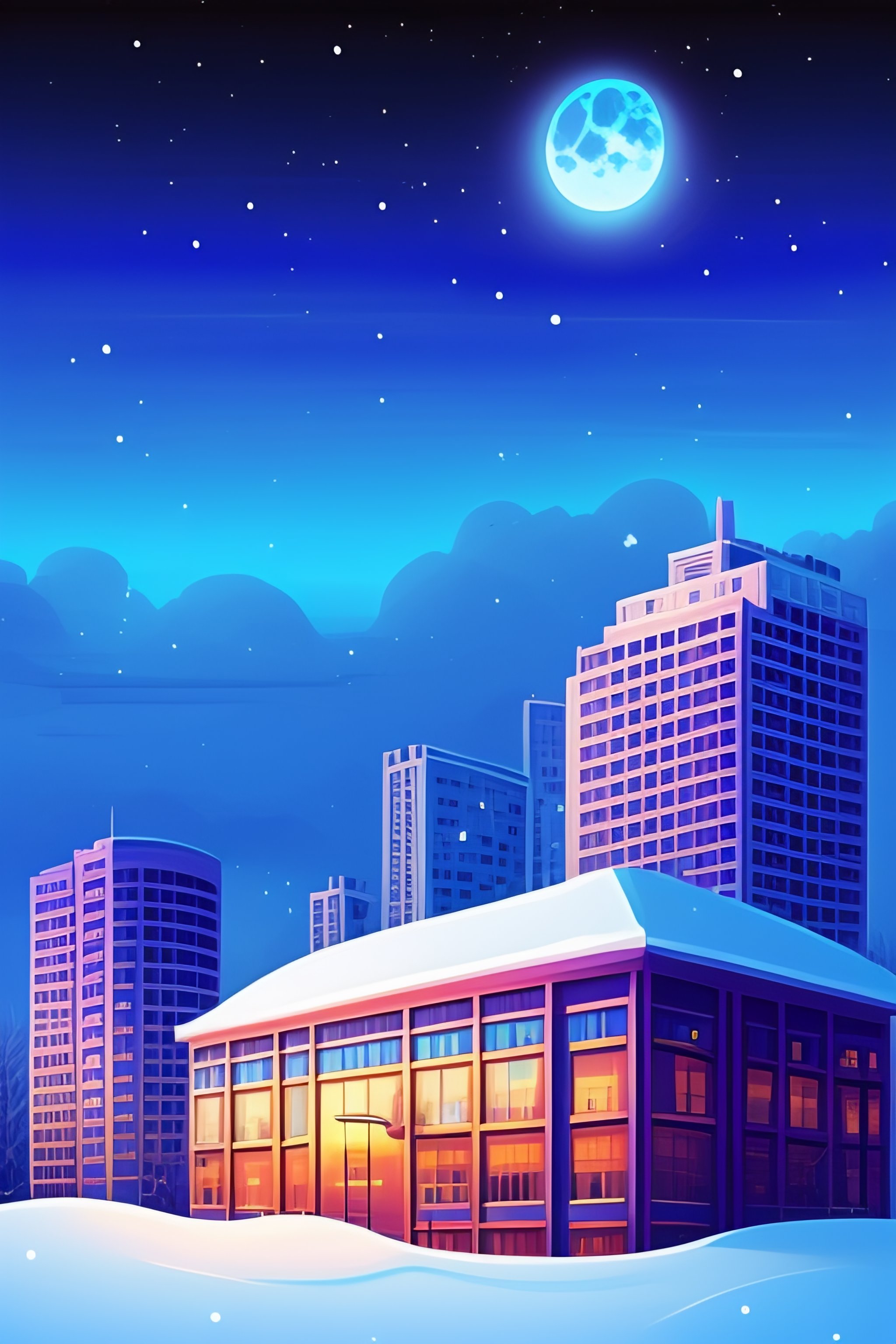 Lexica - Cartoon, digital art, LO-FI style, buildings, full moon, bue ...