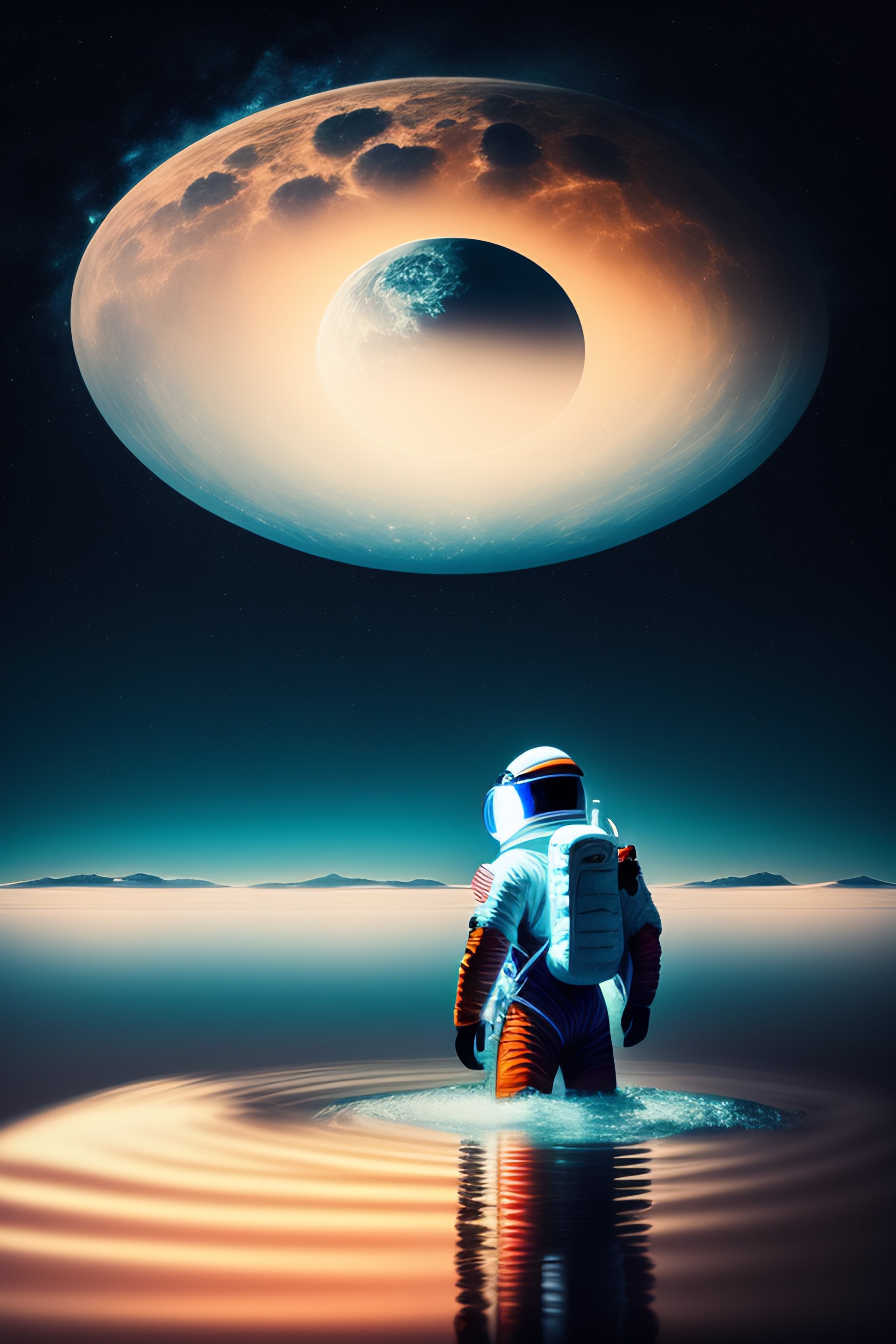 Lexica - An astronaut swiming in a lake in space