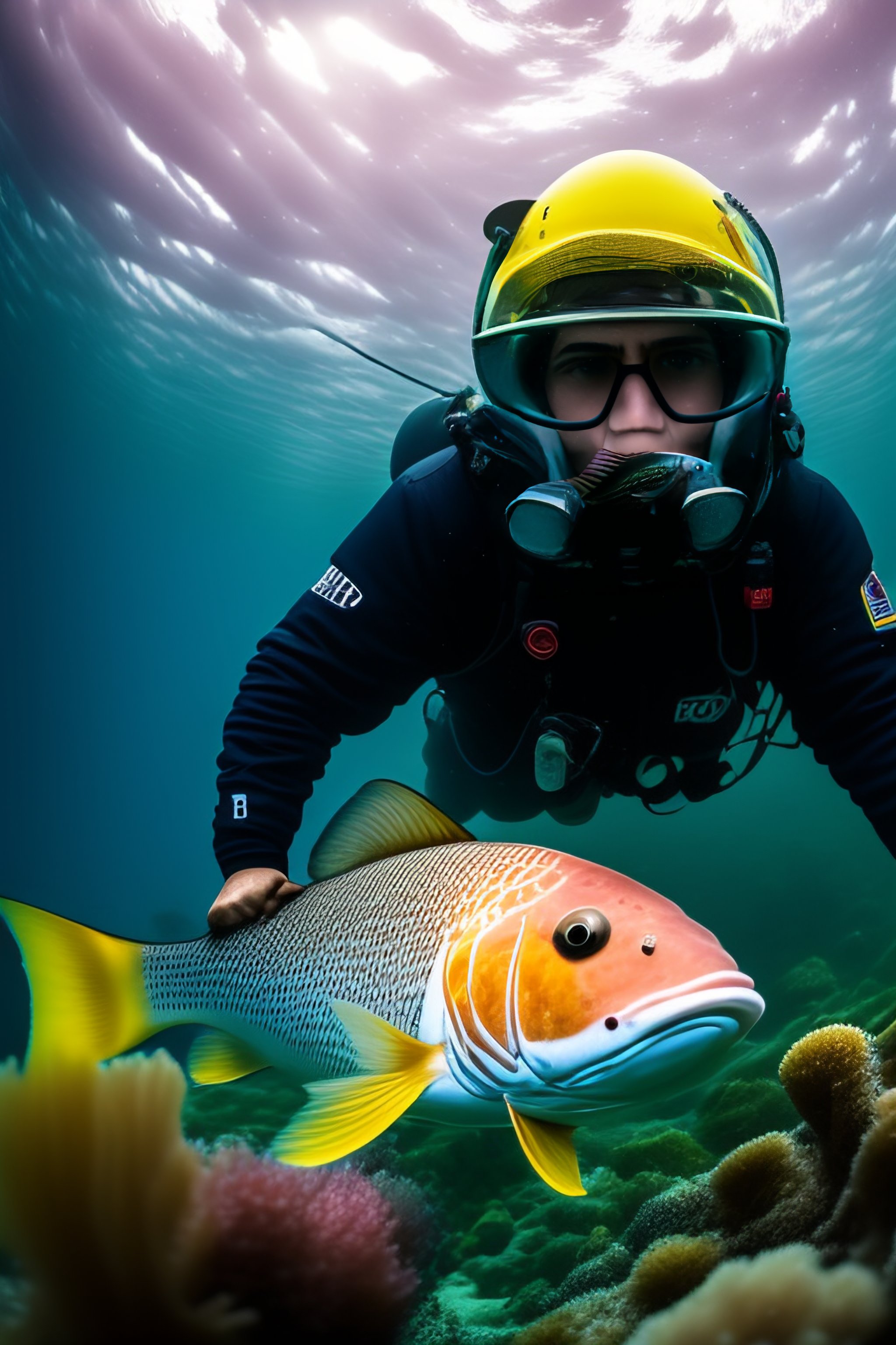 Lexica - Un buceador en el fondo del mar rodeado de peces rosas