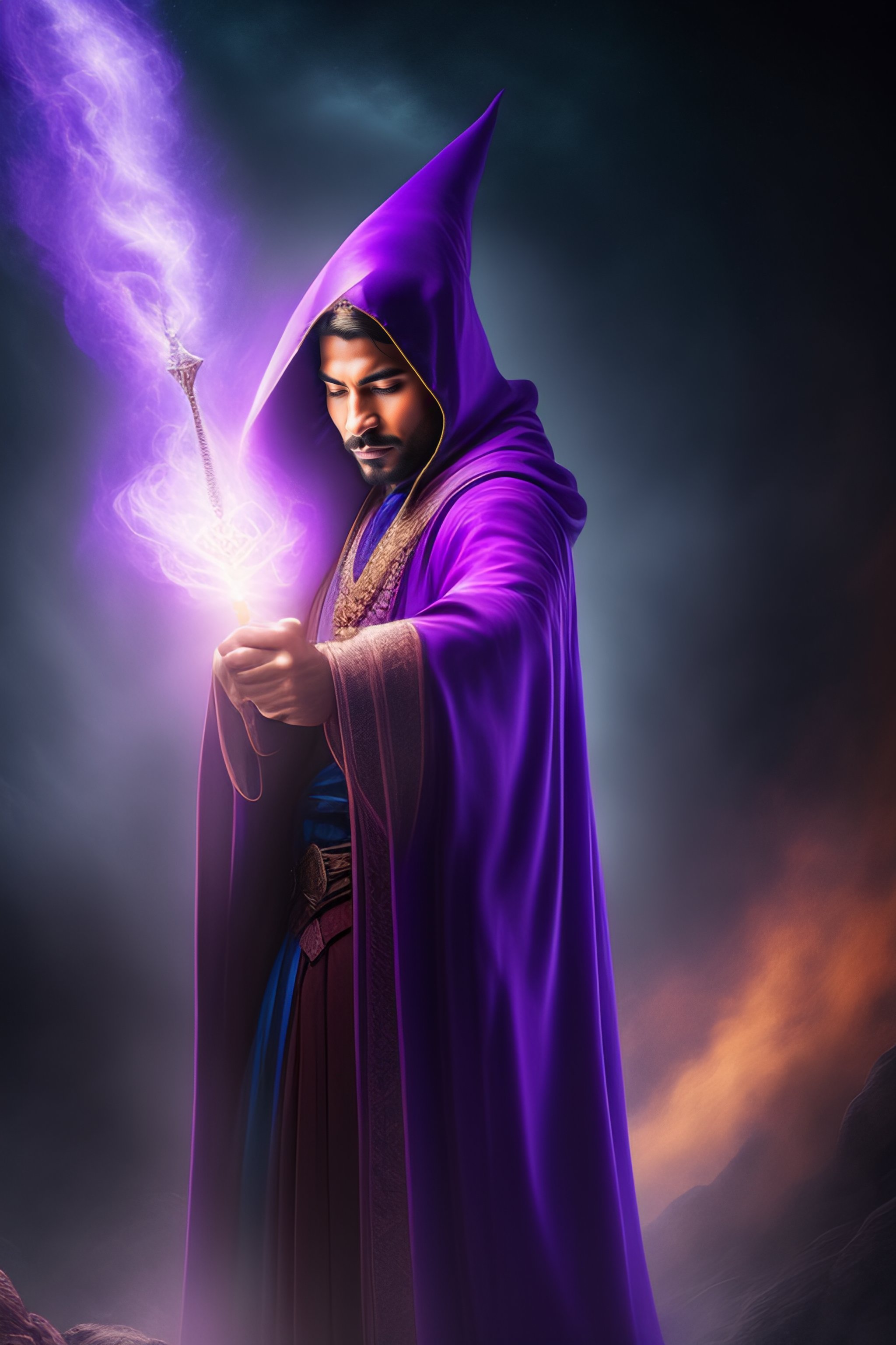 Lexica - A purple cloaked wizard casting a spell. The image size should ...