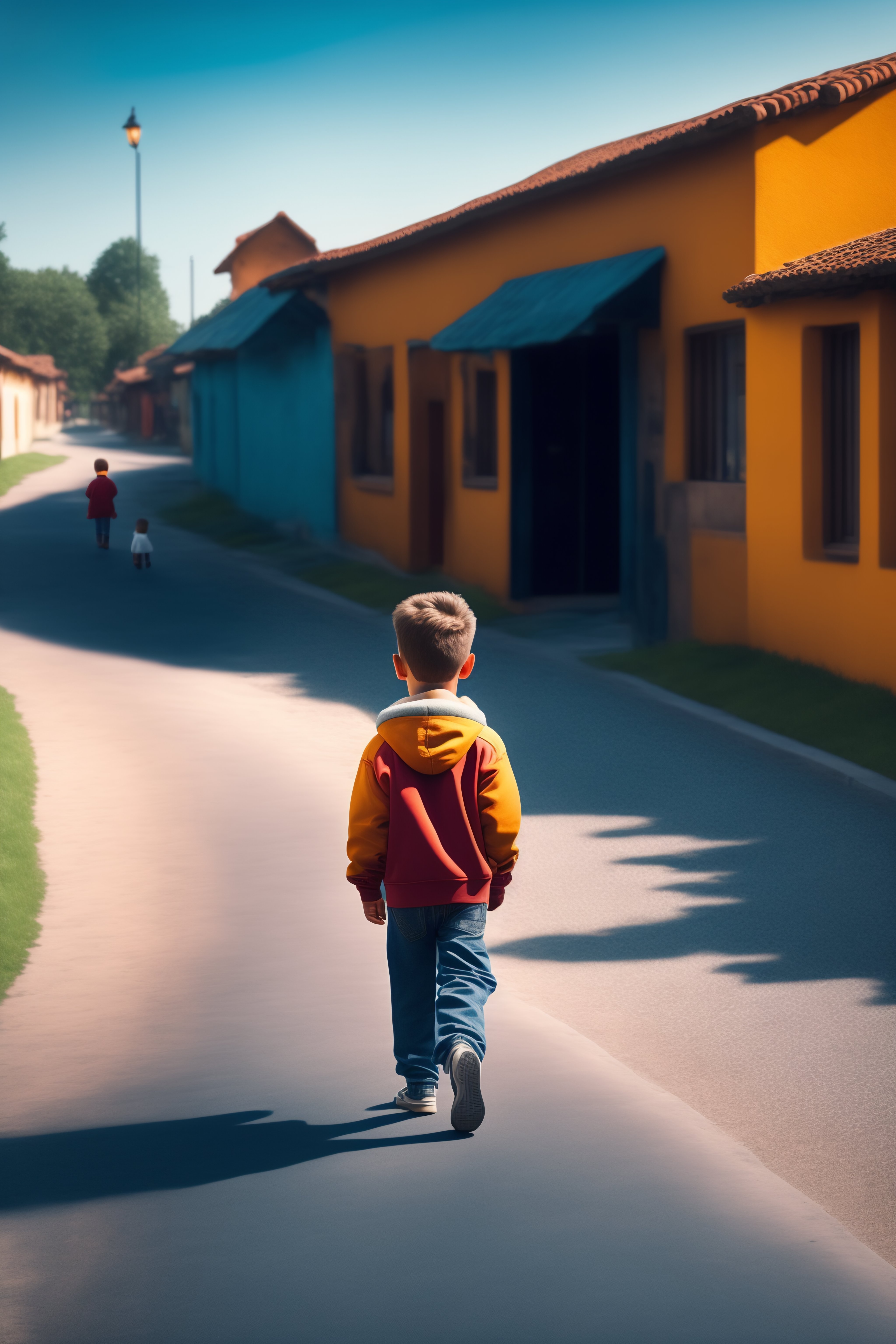 Lexica - A young boy walking with his imaginary friend through the town ...