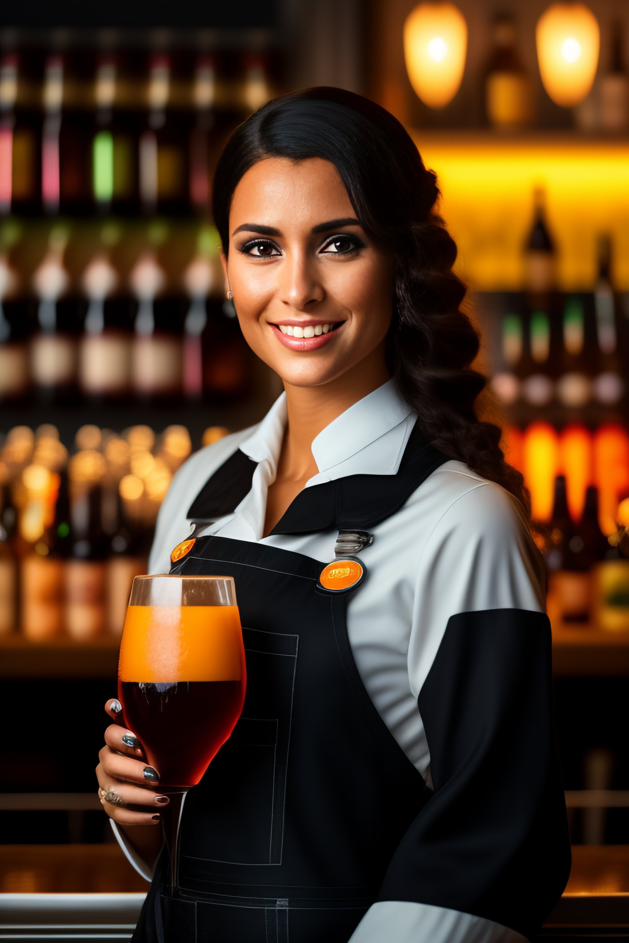 Lexica - Portrait of a young woman waitress wearing black overalls ...