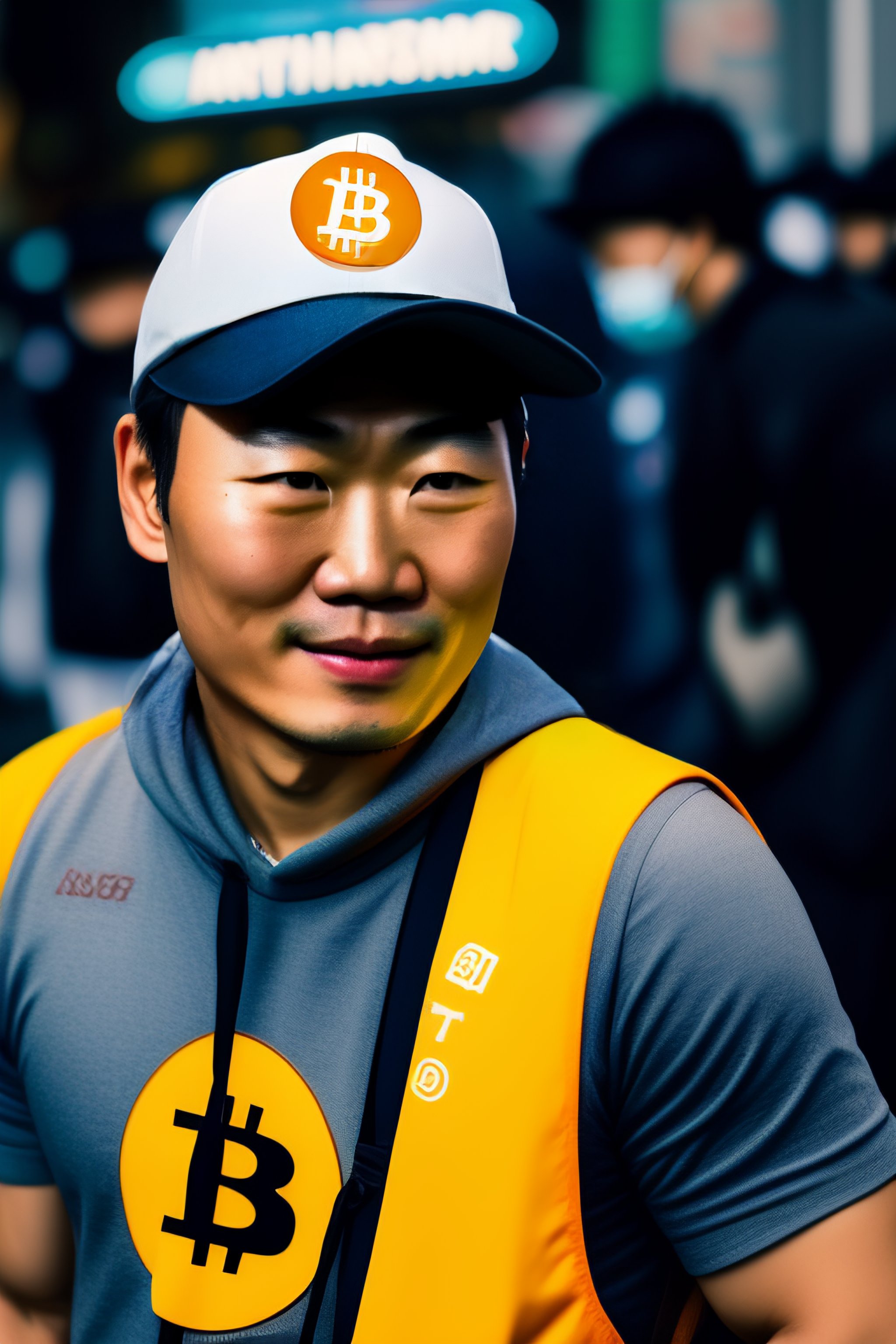 Lexica - ASIAN GUY WEARING A HAT WITH A BITCOIN LOGO ON IT IN TOKYO. IN ...