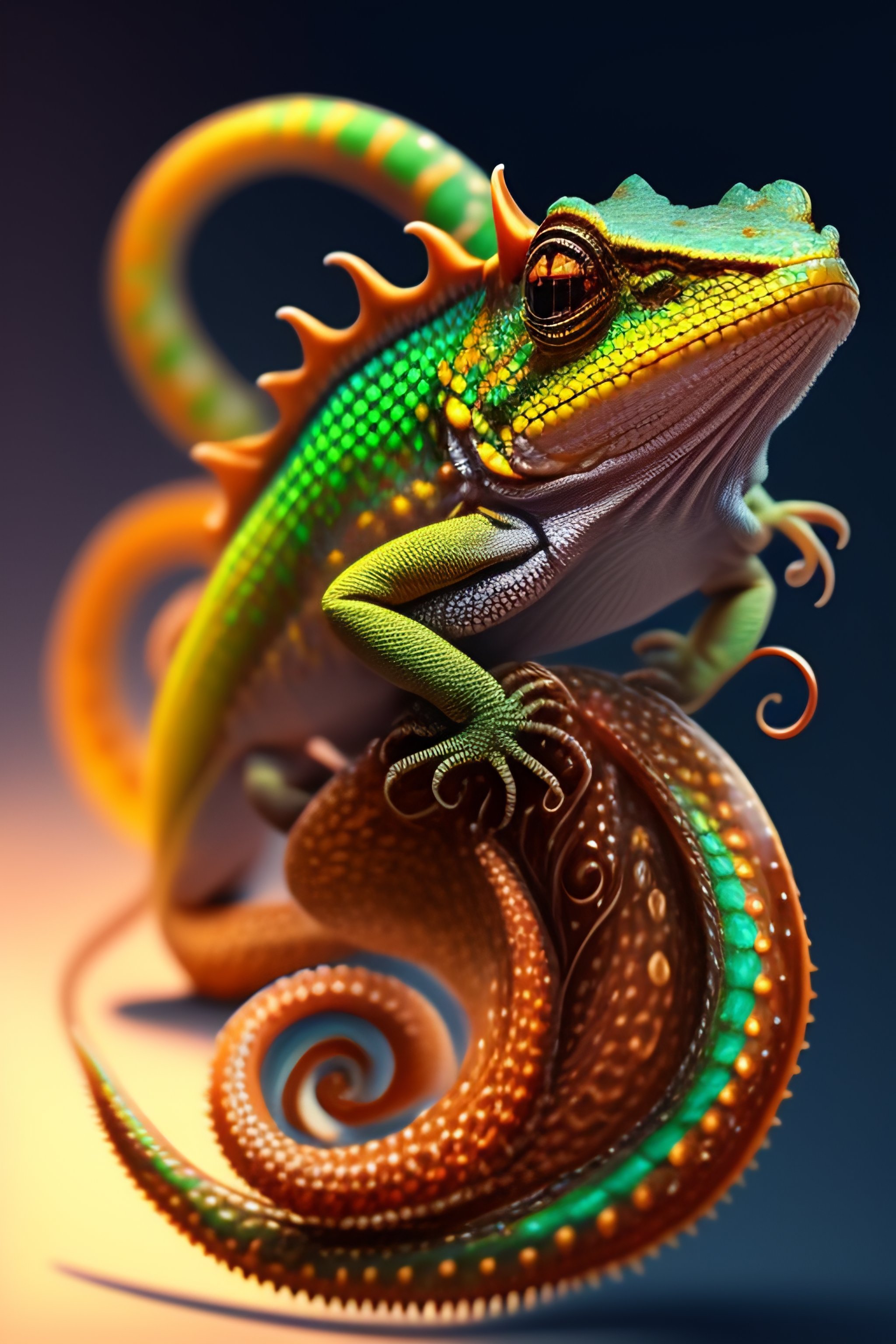 Lexica - Chameleon lizard with octopus tentacle tail, amber, highly ...