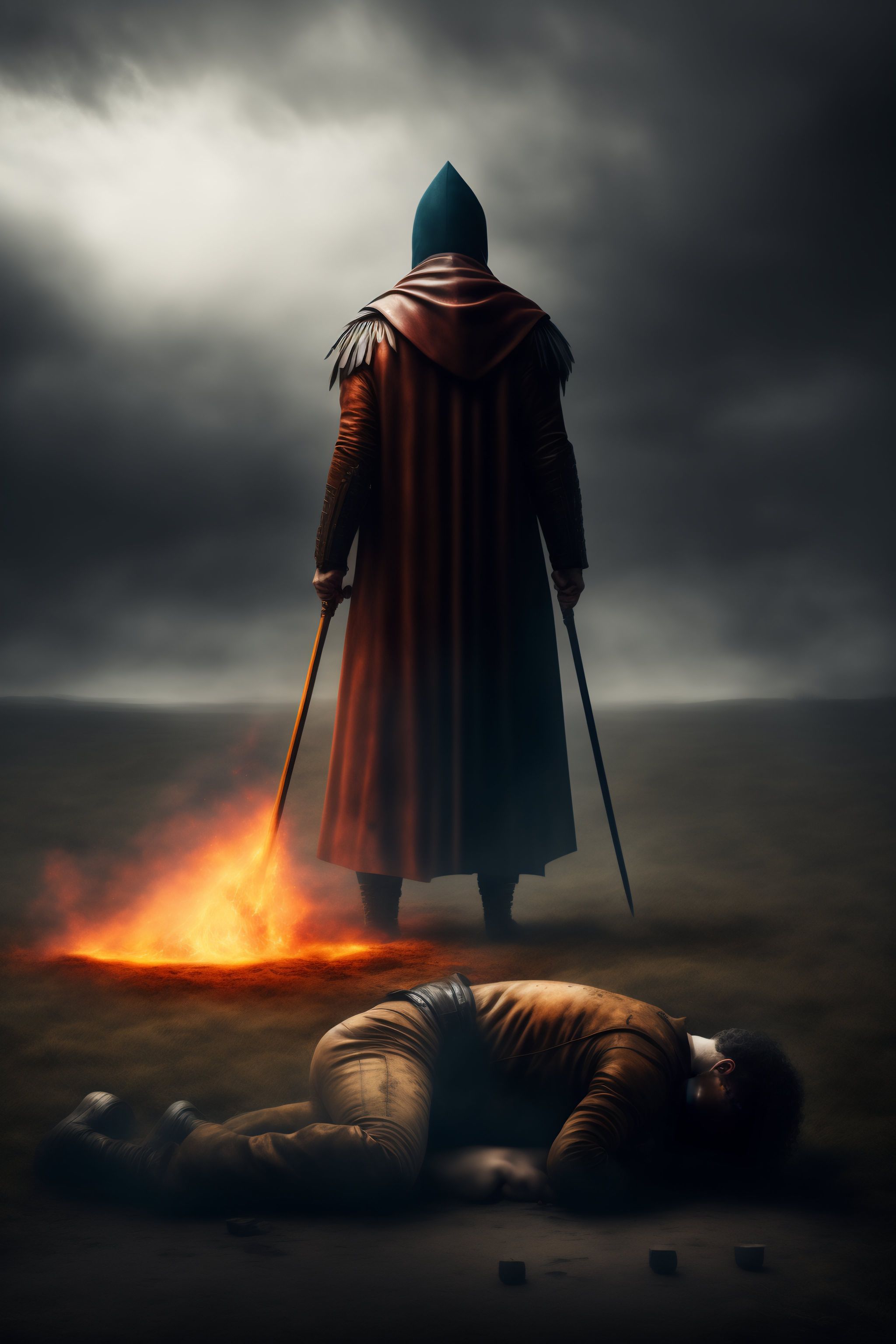 Lexica - A man standing over a dead body, victorious, bloody, dark ...