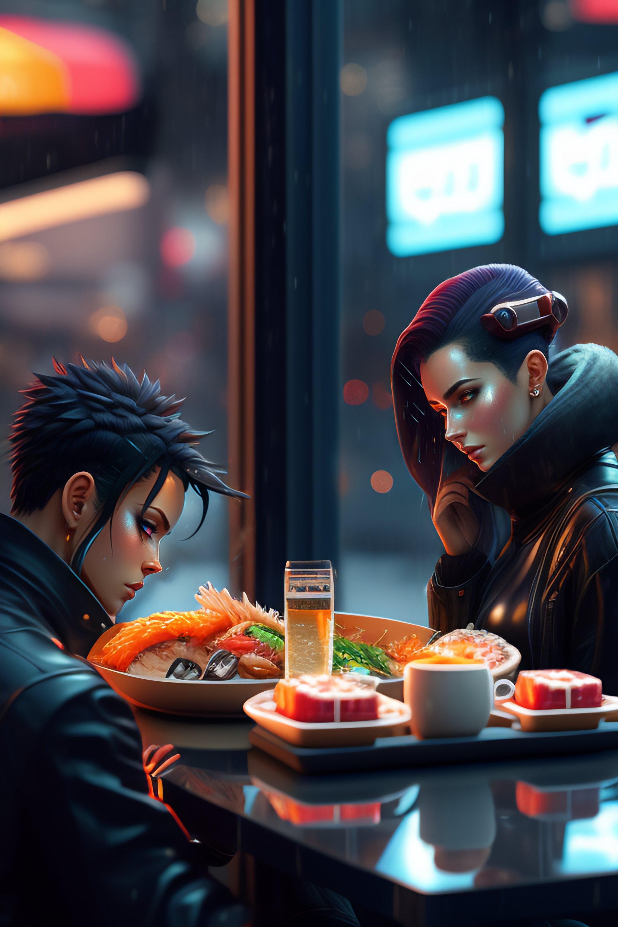 Lexica - A group of cyberpunk cyborg eating sushi on a table outside in ...