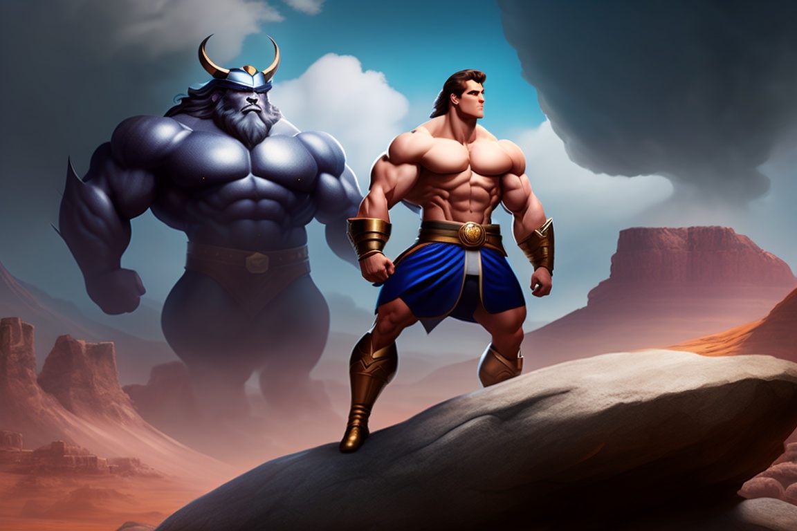 Lexica - David standing on a rocky hill, his slingshot in hand, gazing ...