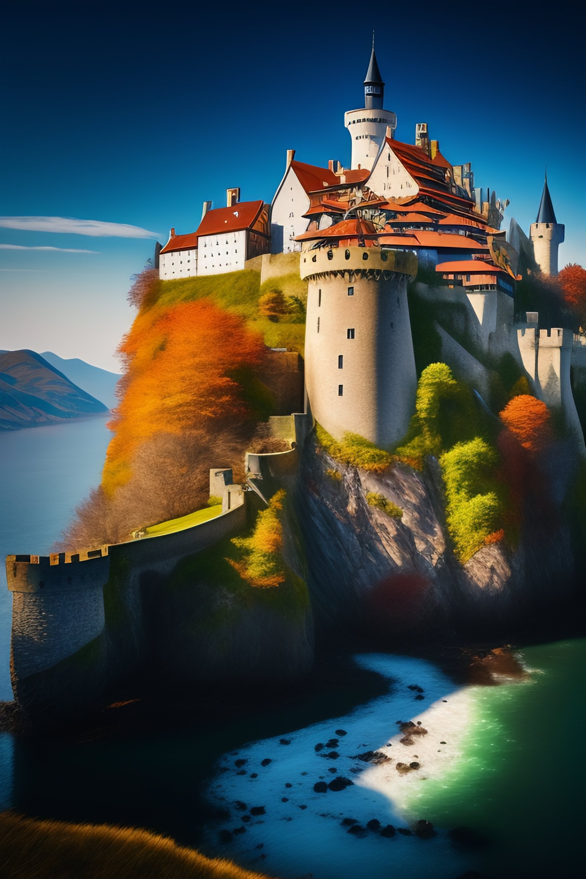 Lexica - Fantasy walled medieval city on steep hillside with winding ...