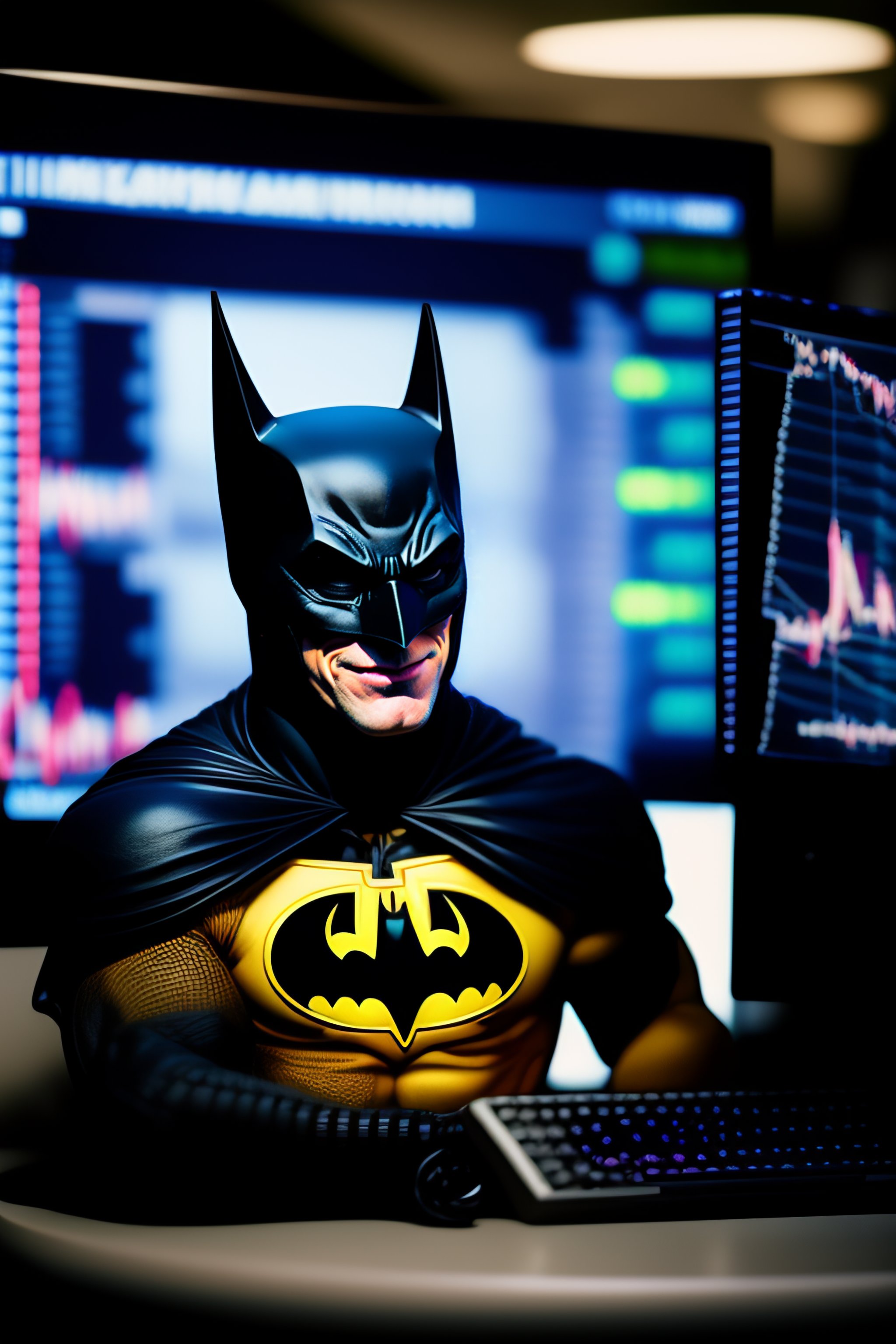 Lexica - Batman, grinning, in the batcave, sitting at the computer ...