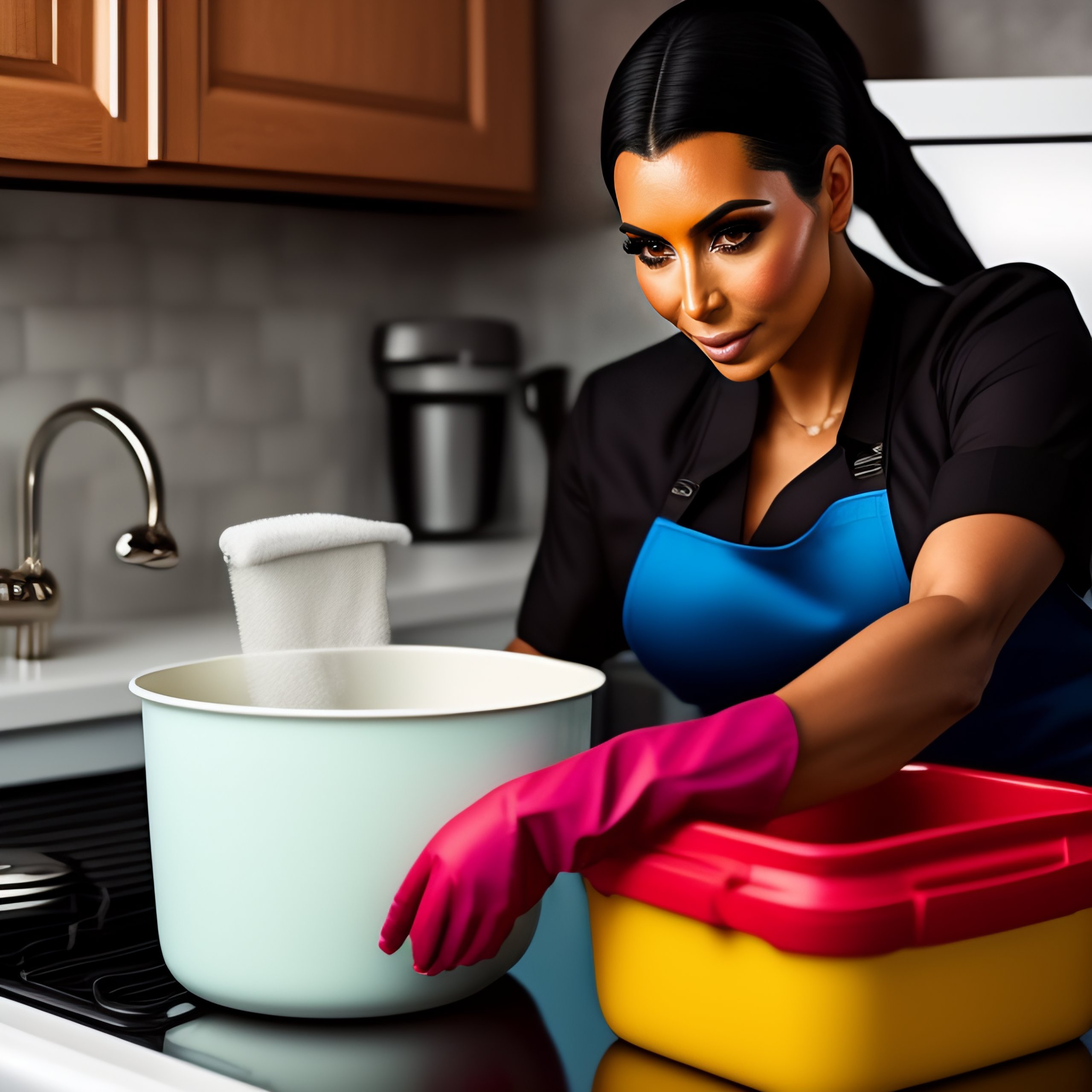 Lexica - Kim kardashian as a poor woman cleaning dishes in a tiny ...