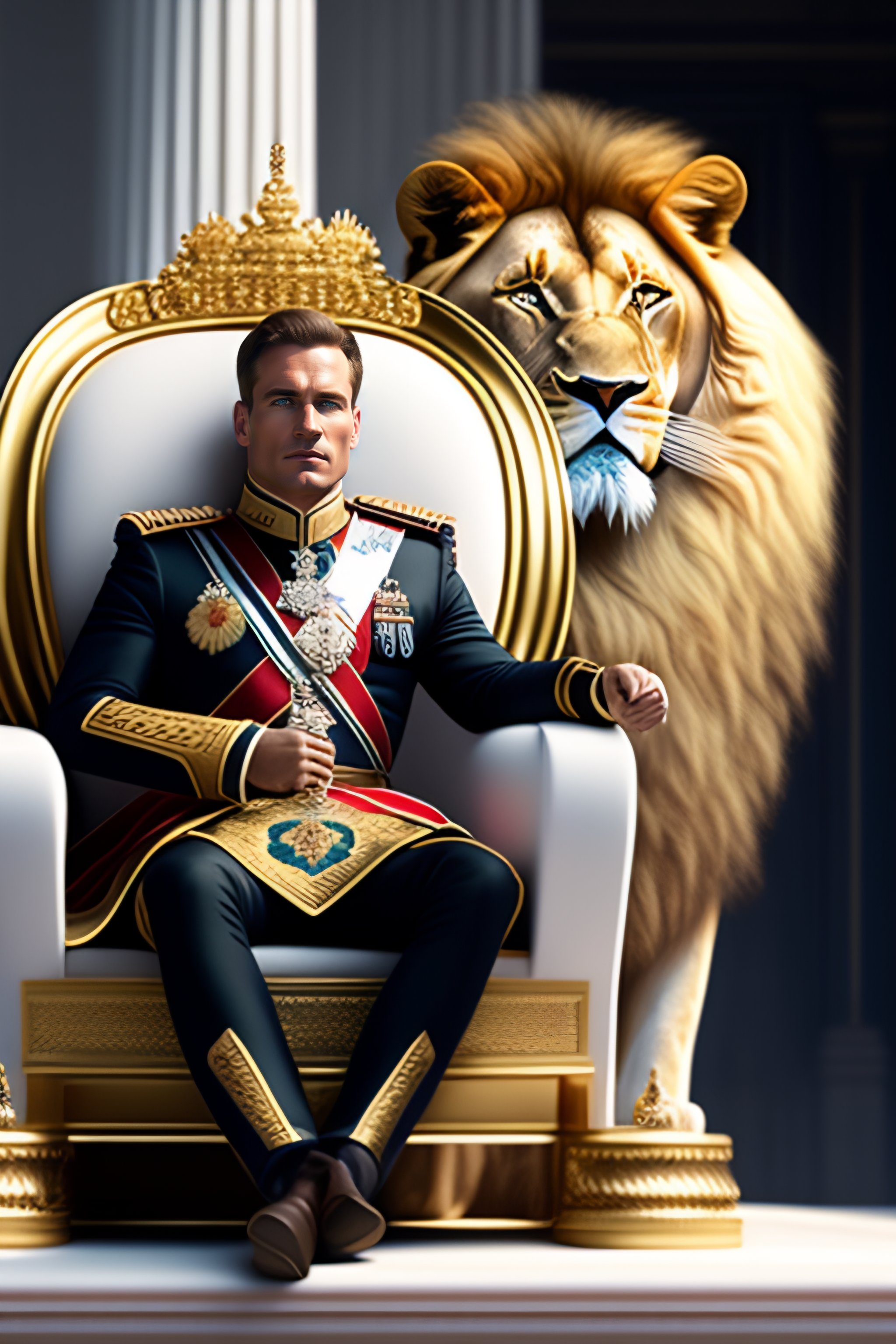 Lexica - A white man on royal chair with a lion with attitude face over ...