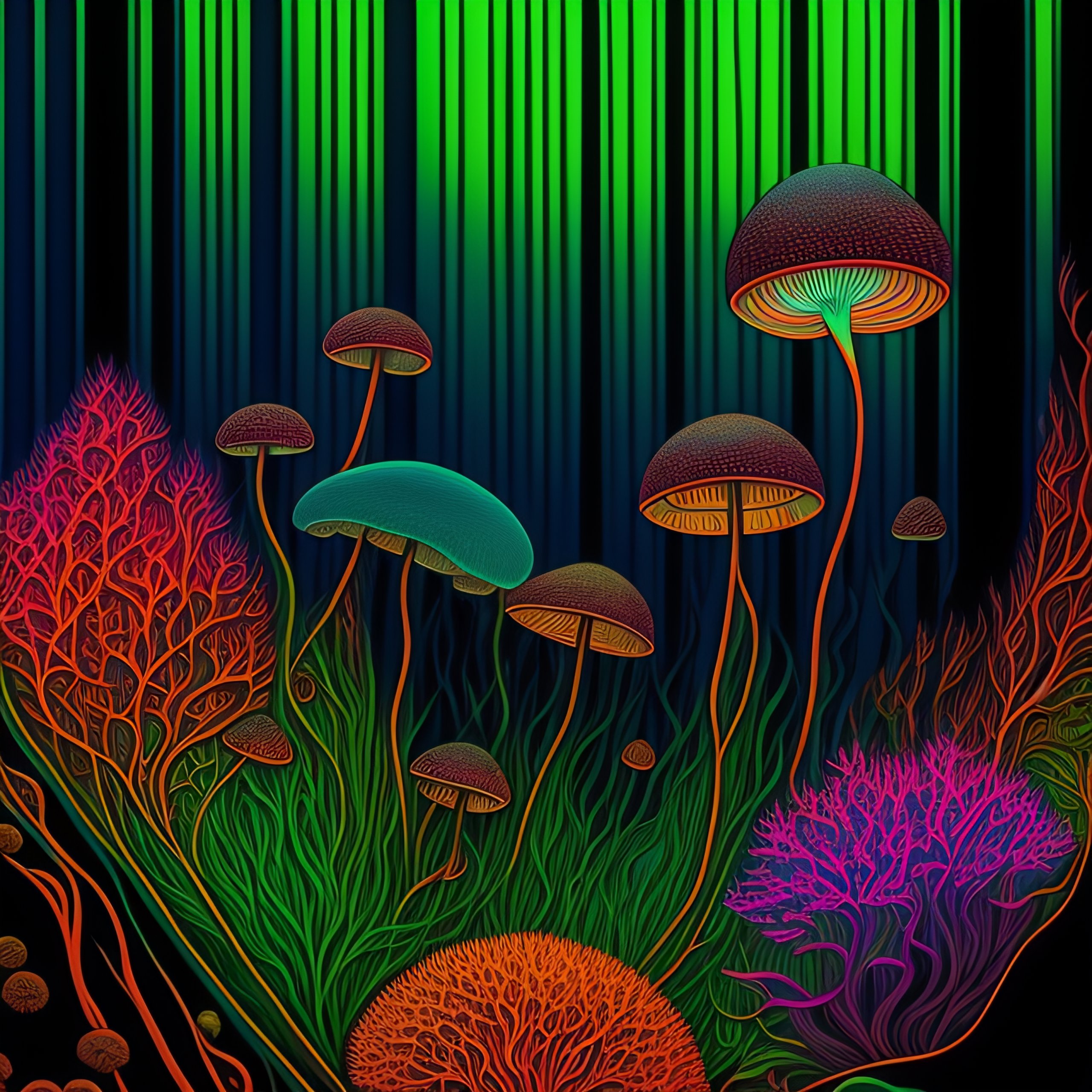 Lexica - Plethora of teal and coral mushrooms and mycelium,colorfu ...