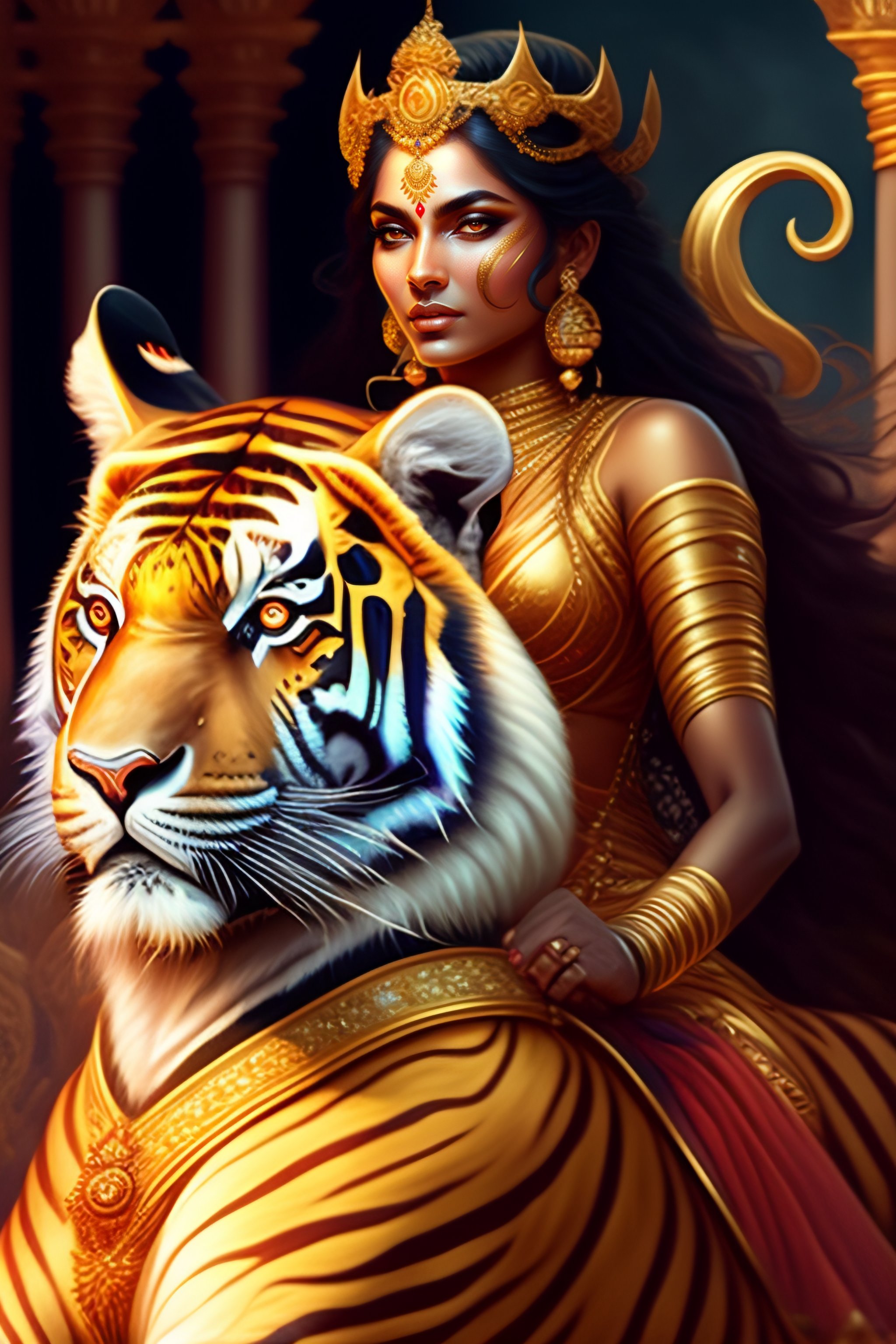 Lexica - Image of goddess durga riding tiger, d & d, beautiful, renaissance, fantasy, intricate ...