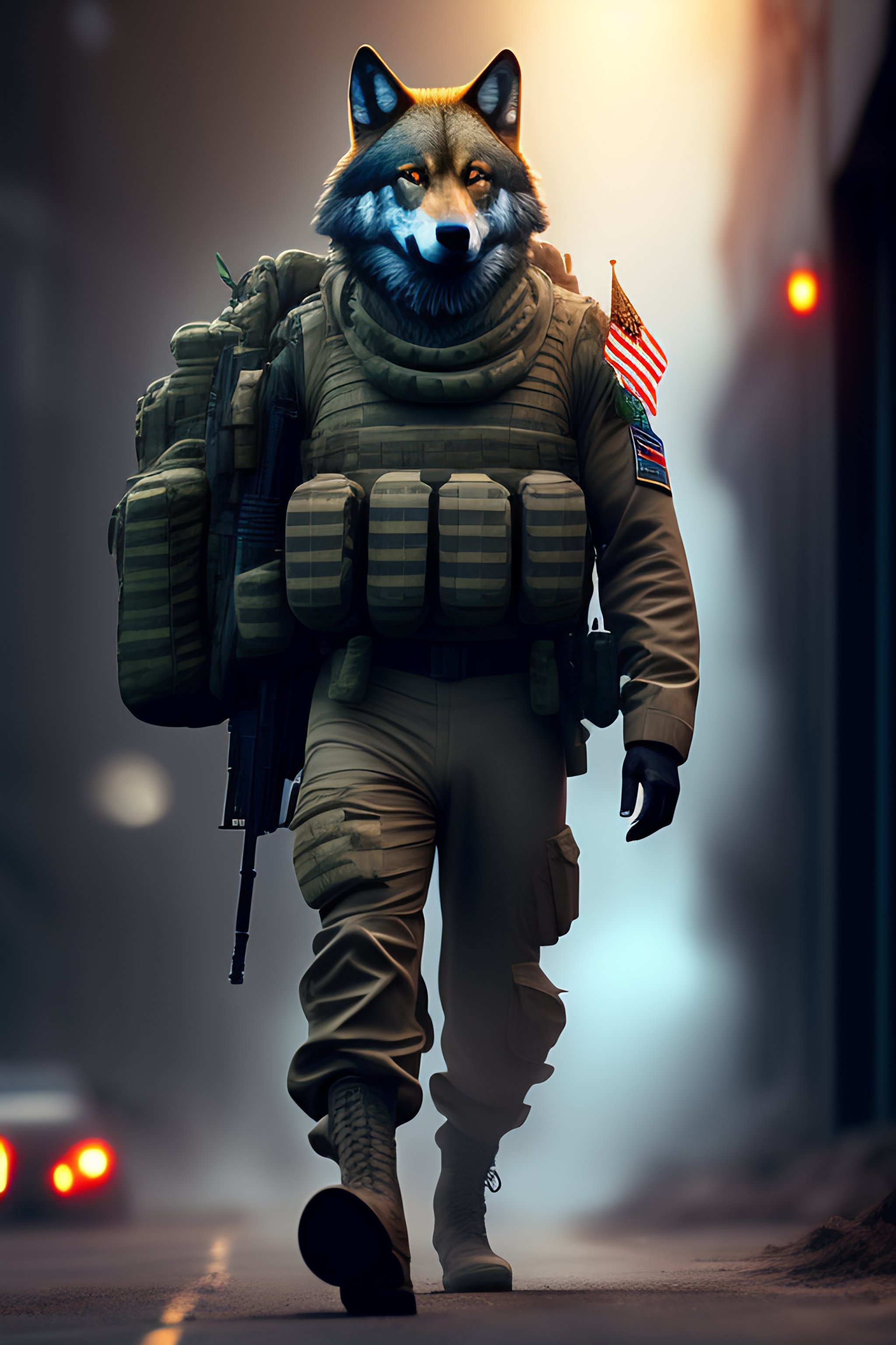 Lexica - A military alpha wolf with a machine gun walking with somali ...