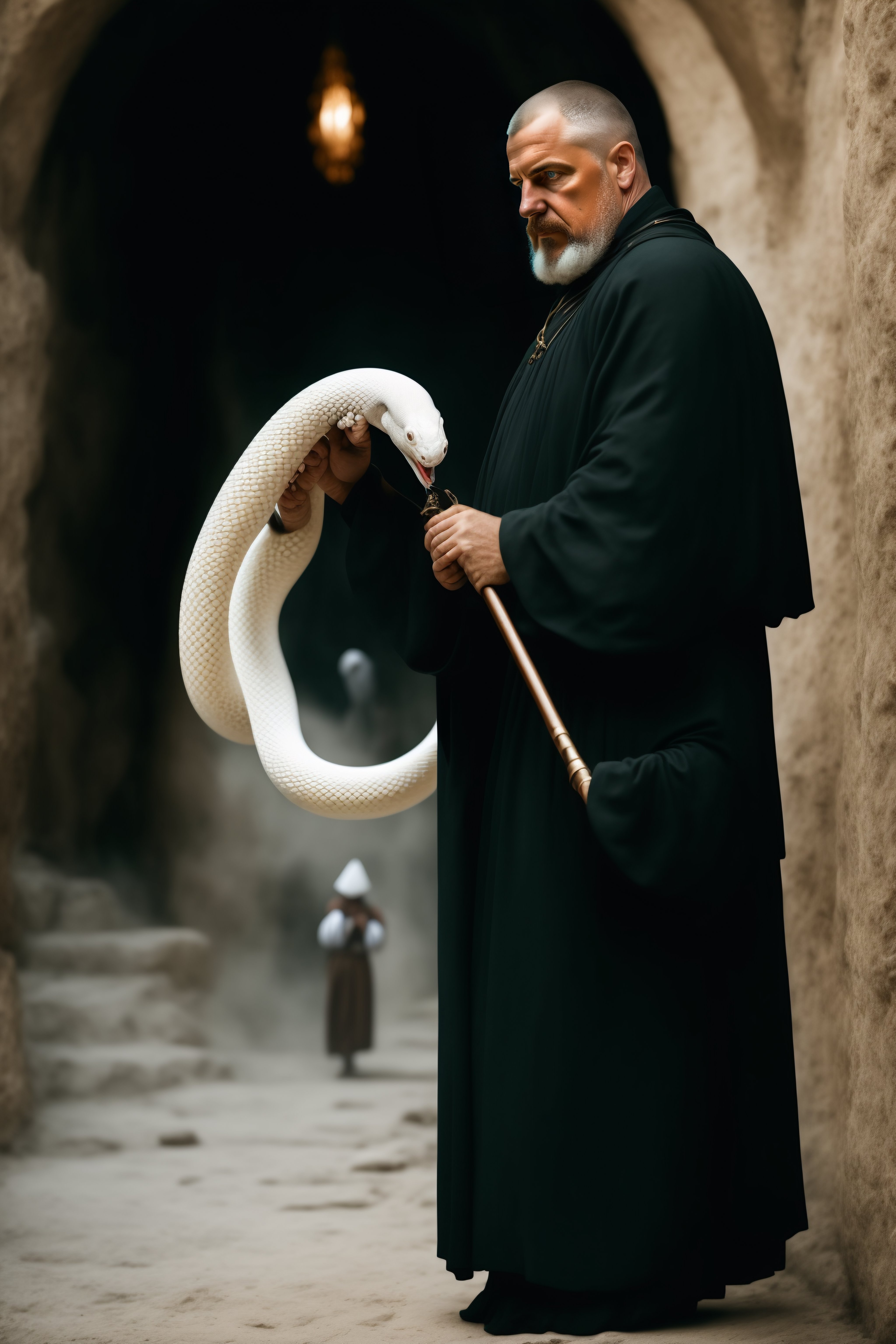 Lexica - One Greek monk in dark robe hold a staff that has a white ...