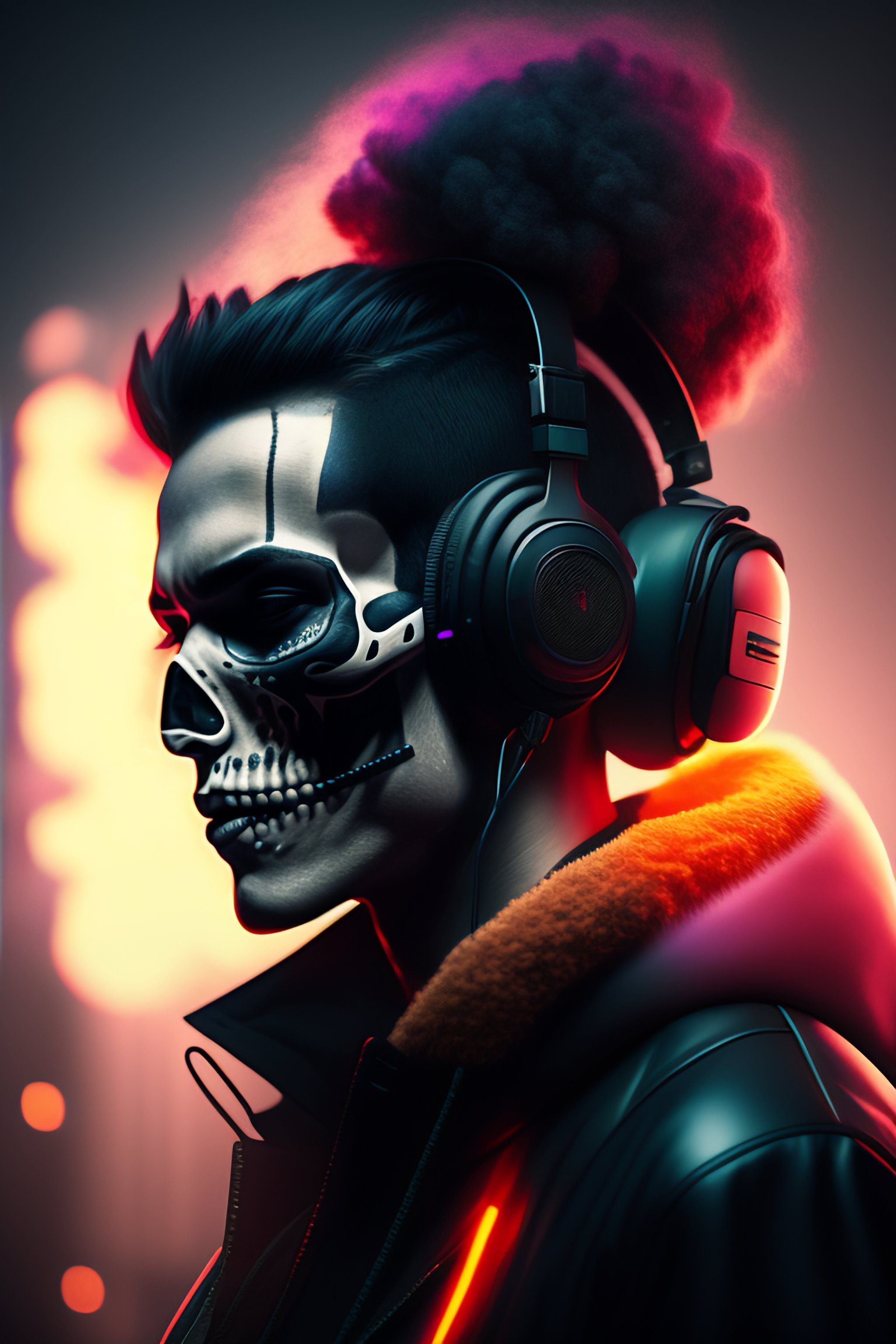 Lexica - Action shot portrait Neo punk skeleton with headphones, smoke ...
