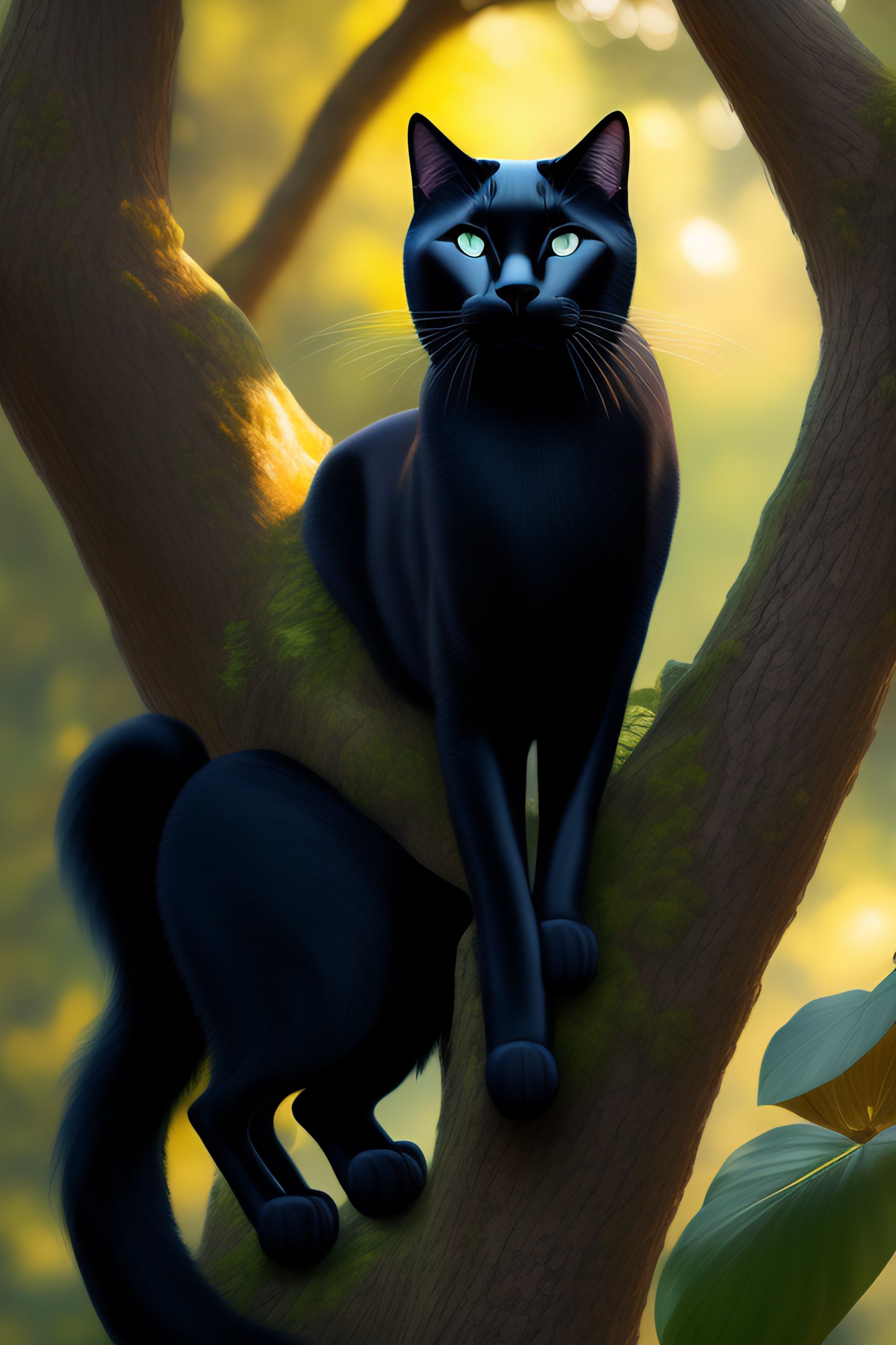 Lexica - Humanized black cat on a tree