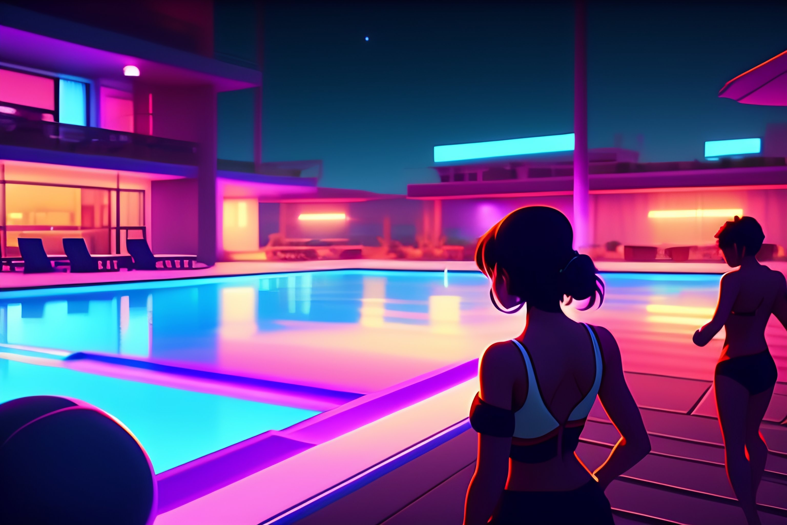 Lexica - Pool party late at night with funky music people dancing in ...