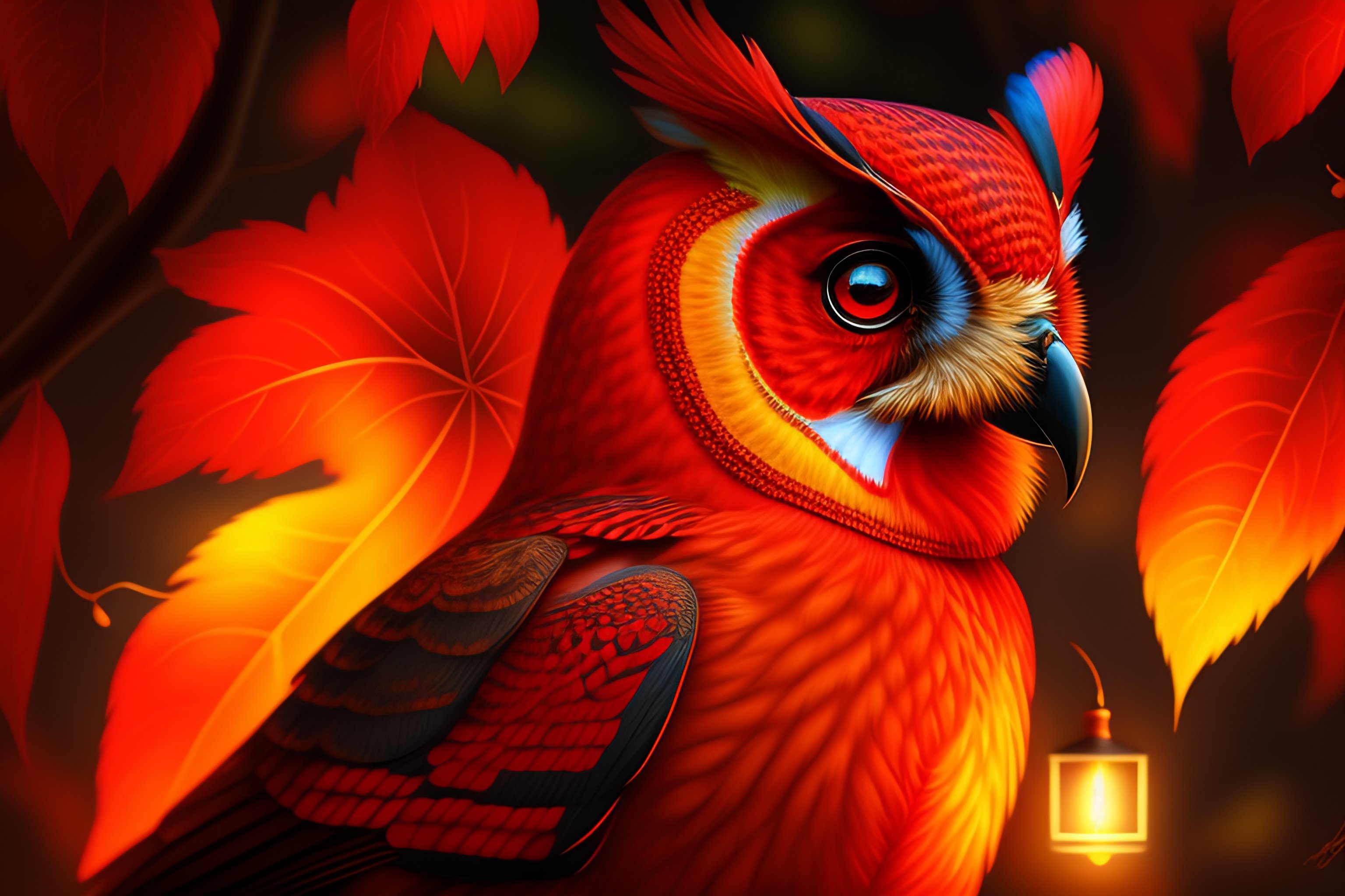 Lexica - Radiant red owl, glowing amber, autumn colours, highly ...