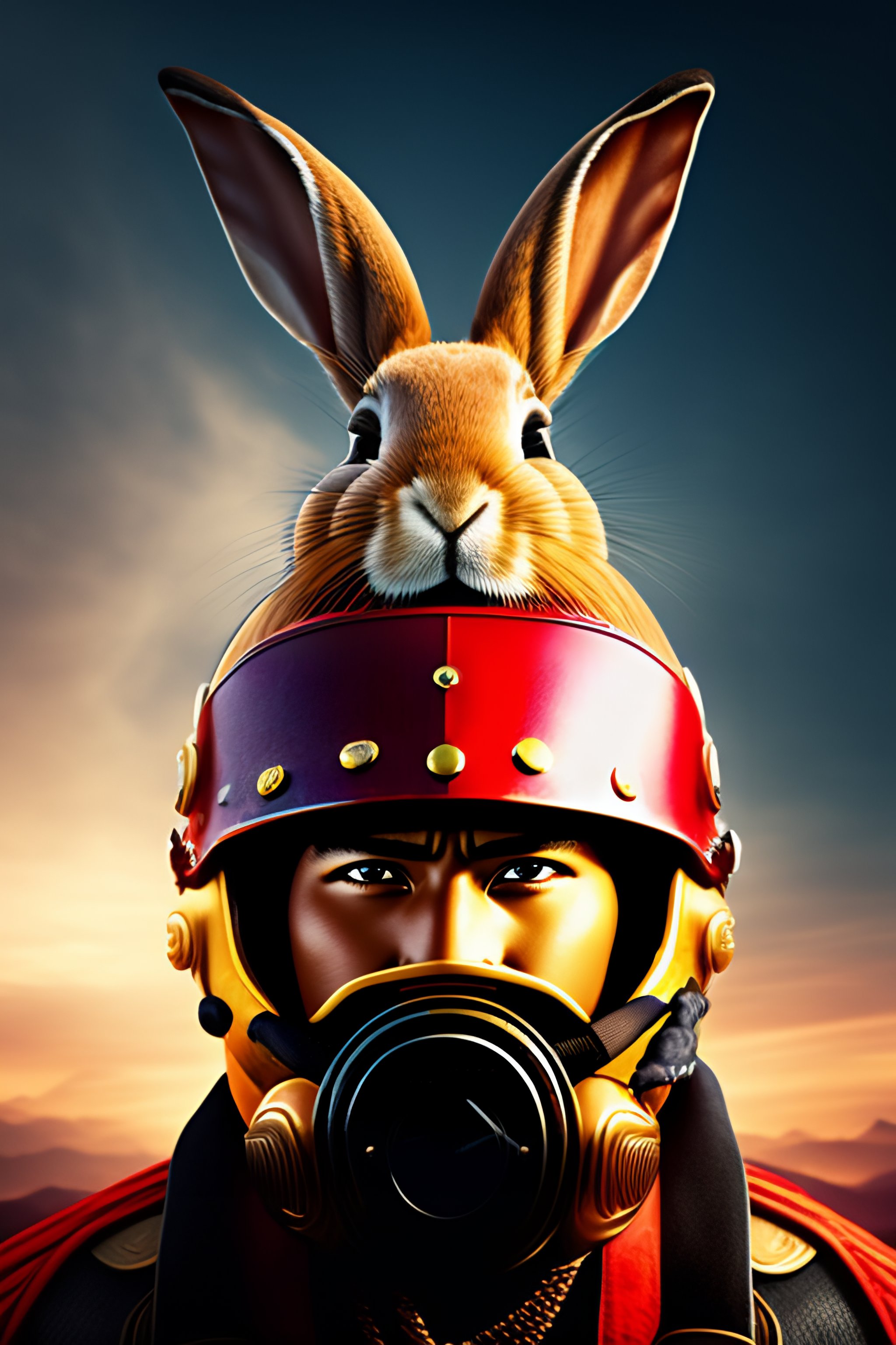 Lexica - Warrior, helmet, gun, sky, red flag, man, rabbit