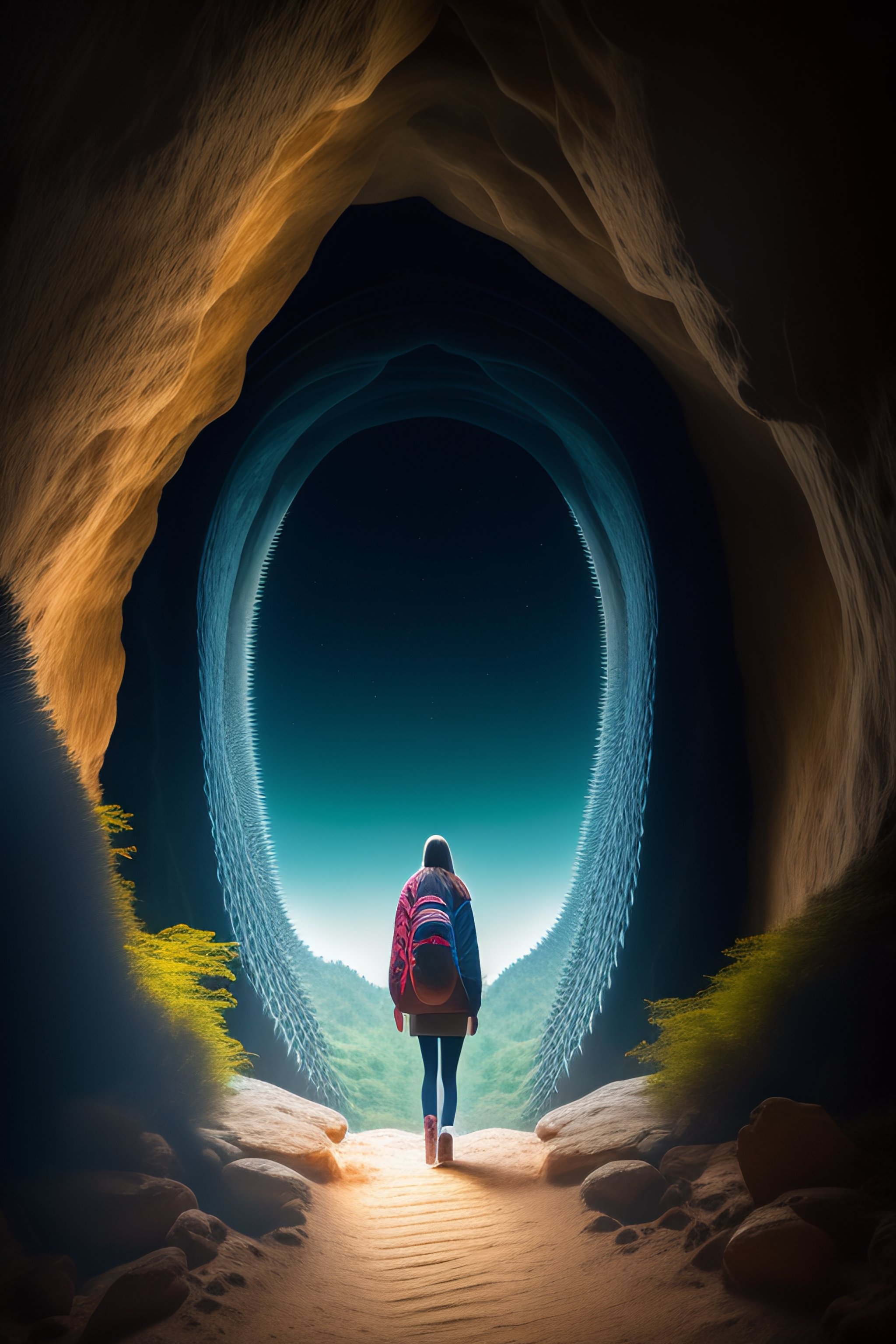 Lexica - Girl walking through a cave towards a gigant female face ...