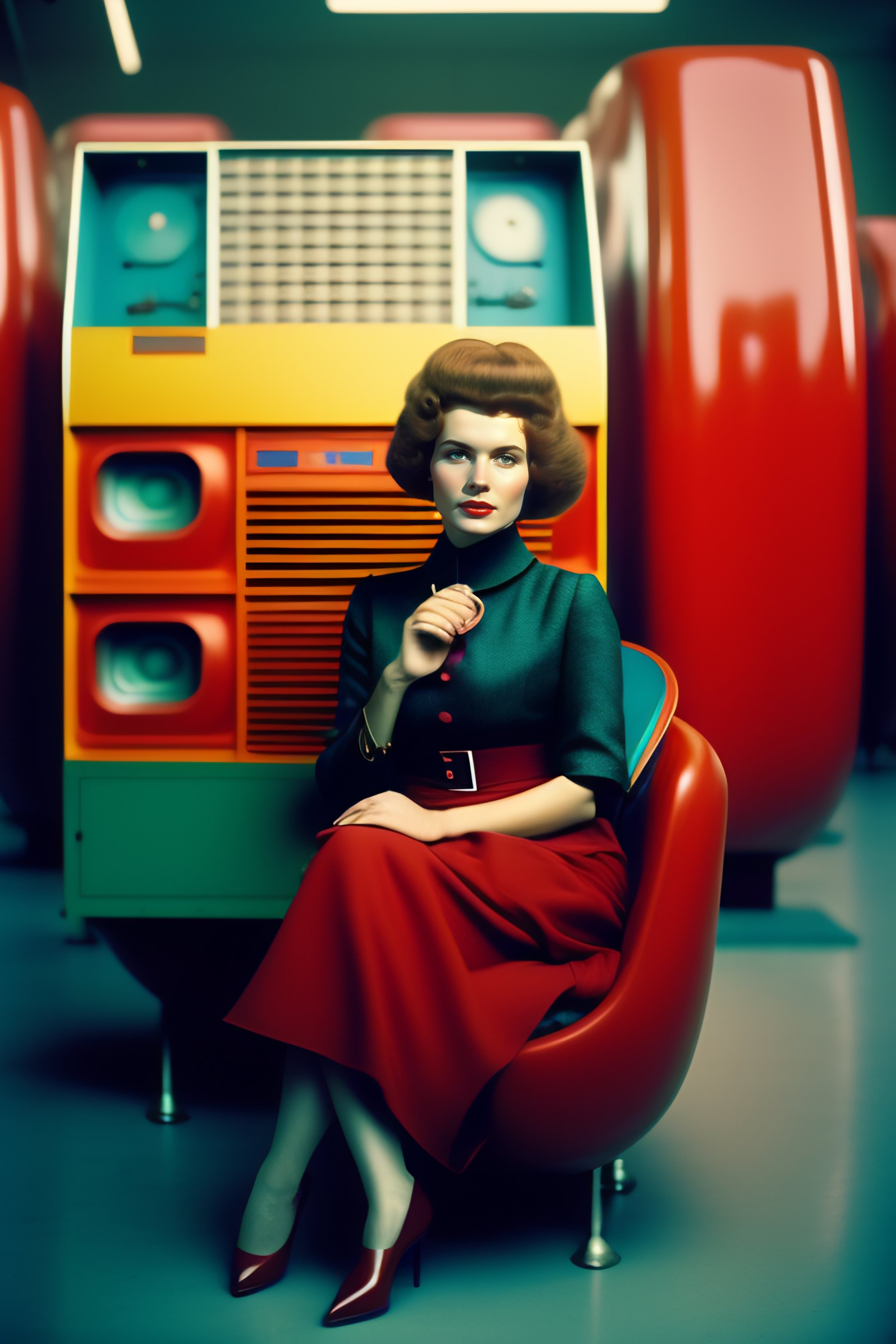 Lexica - A Soviet girl sitting in a chair in front of a colorful soviet ...