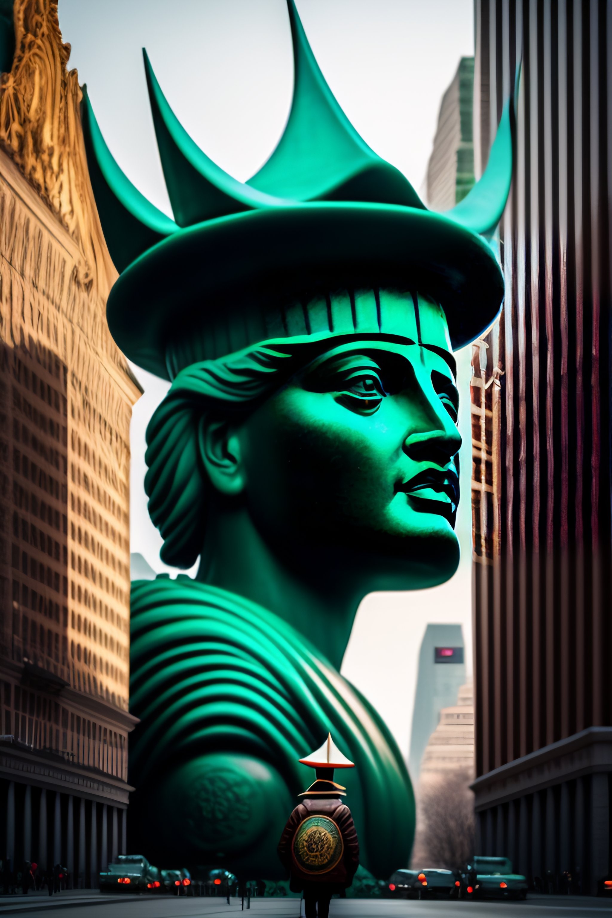 Lexica - Giant monster with the face of the statue of liberty walking ...
