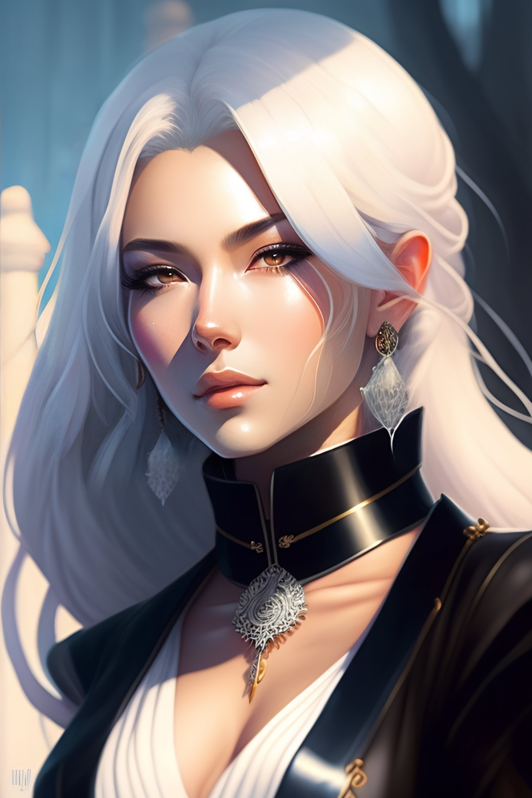 Lexica - Female with long detailed white hair, black dress with belt ...