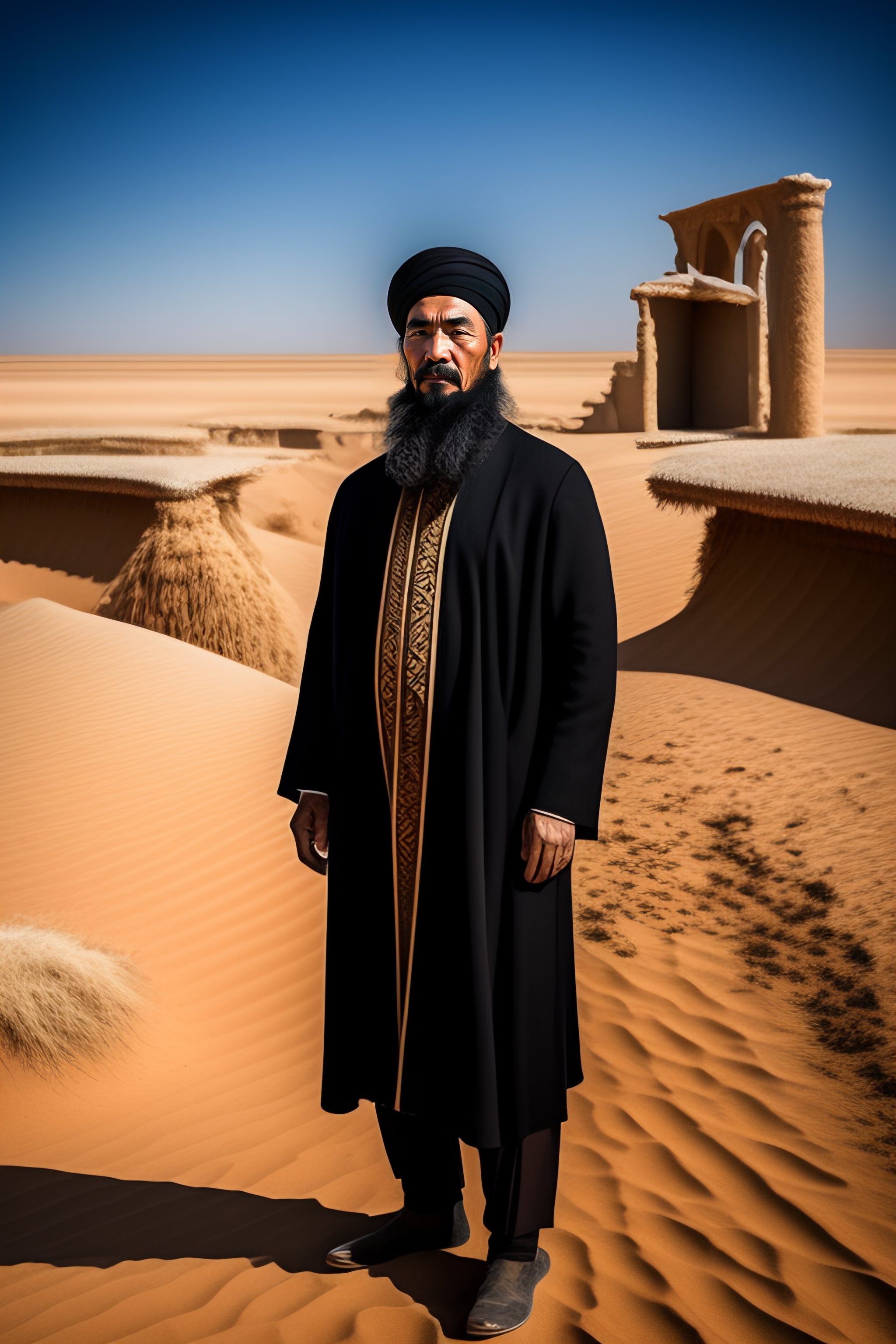 Lexica - Turkmen Basmach in a woolen black hat, in a striped sandy robe ...