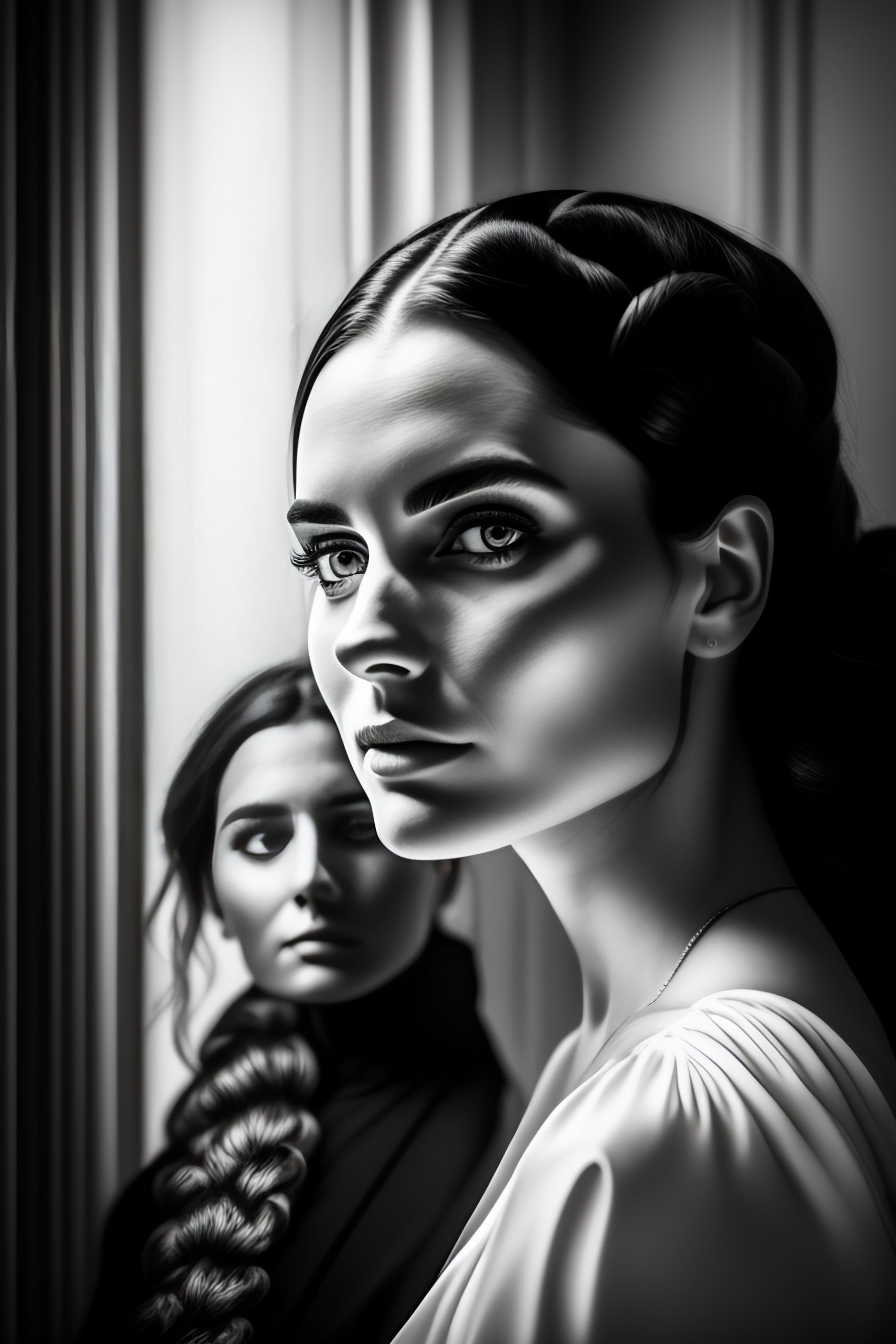 Lexica - Ghost and young woman in victorian house, black and white, volumetric lighting ...