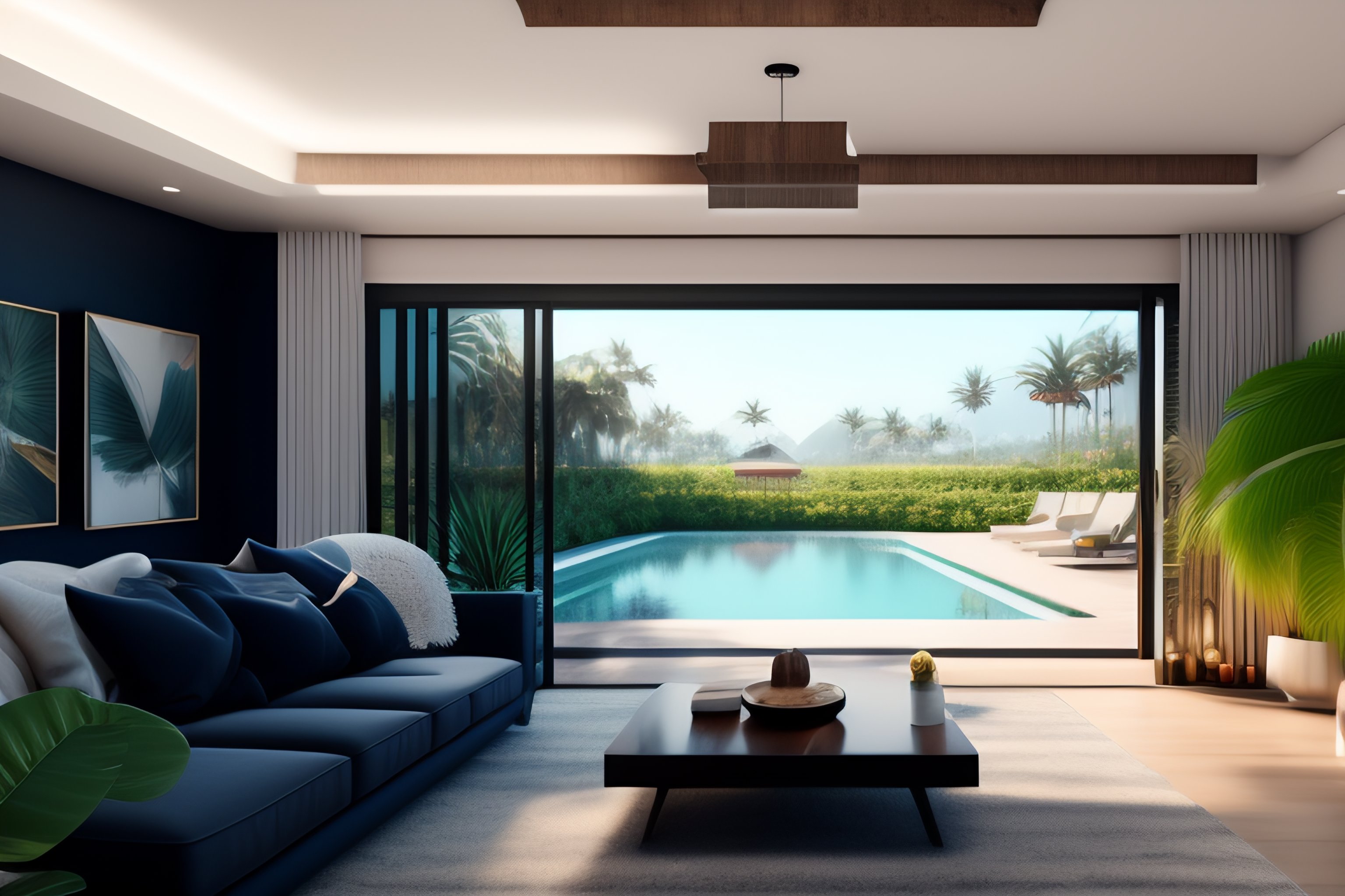 Lexica - Large contemporary interior, wide angle, living room, tropical ...