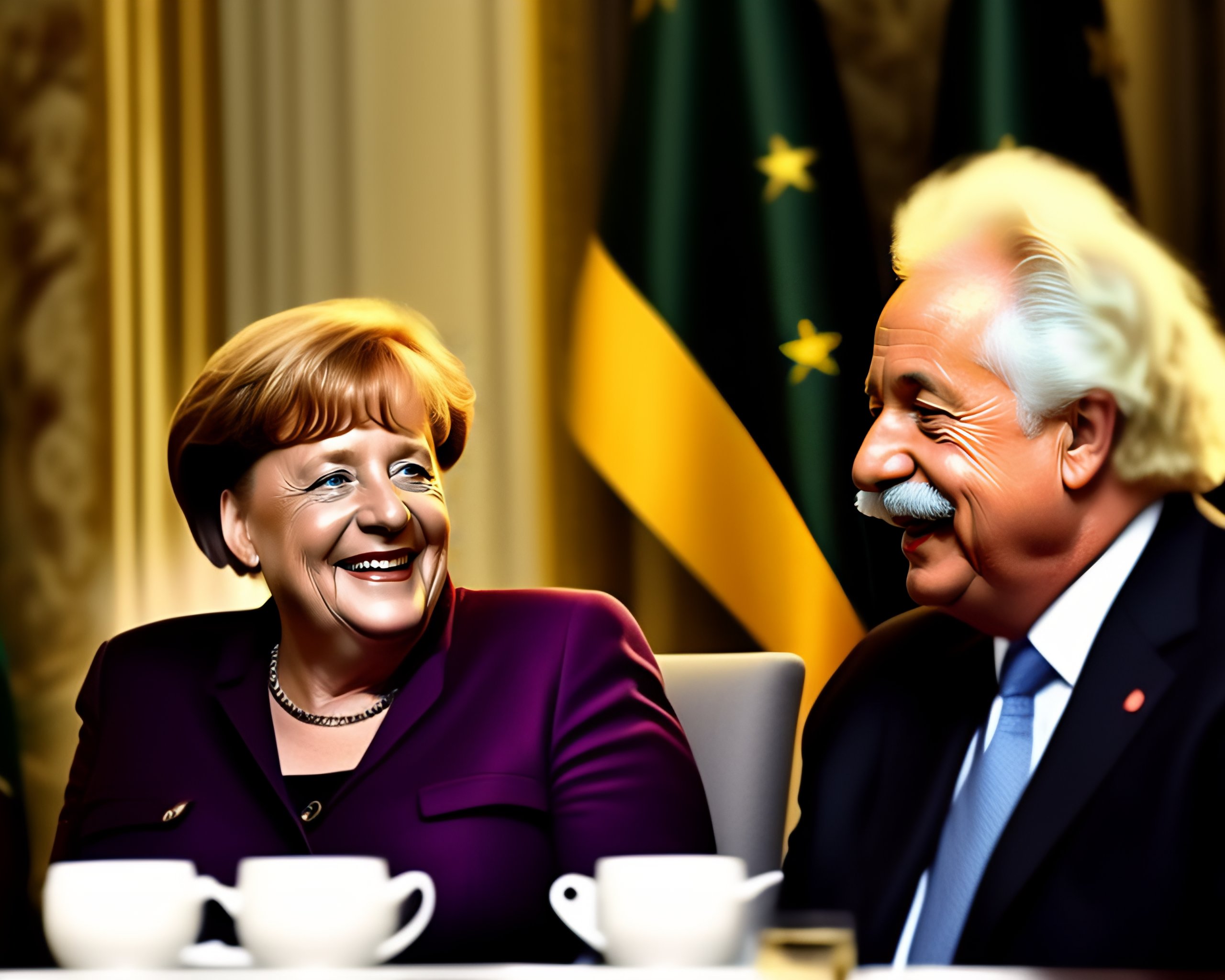 Lexica - Angela merkel and einstein in a room, laughing, tea on the table
