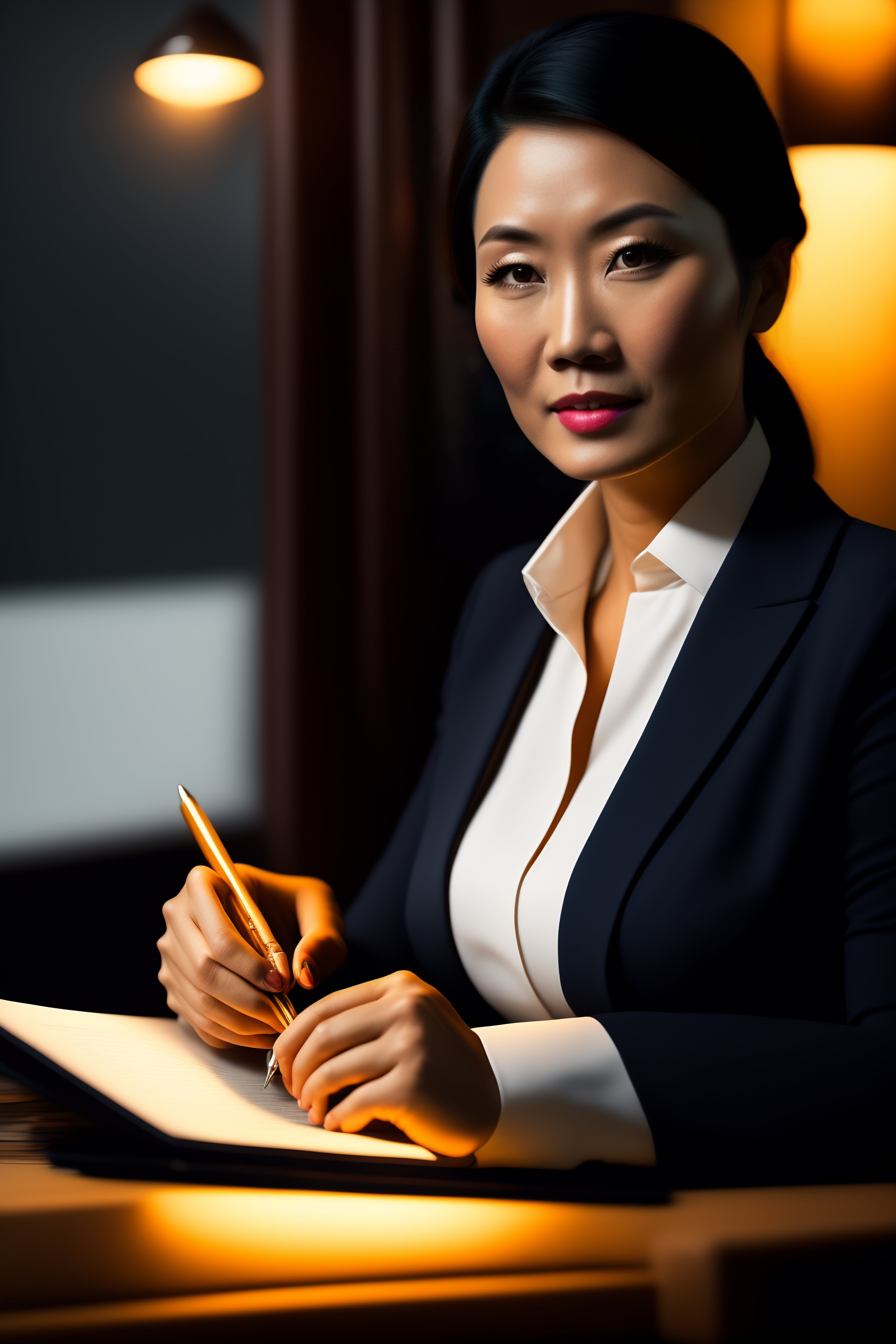 Lexica - A female asian lawyer working late at night writing a legal ...