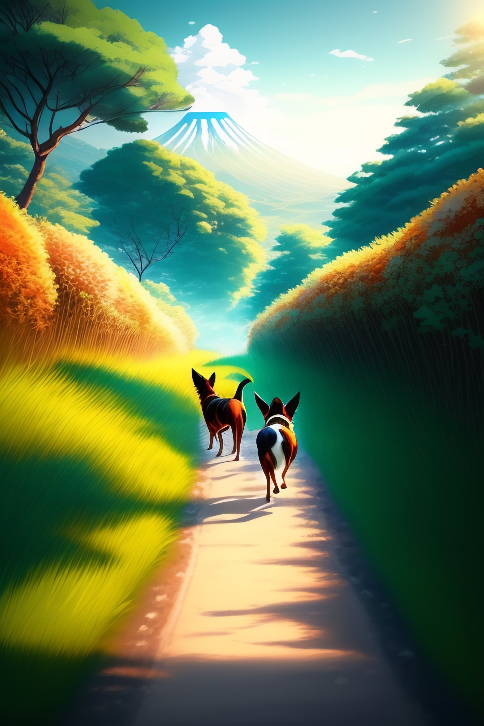 Lexica - 2 dogs running down a foot path in rural japan, in anime style