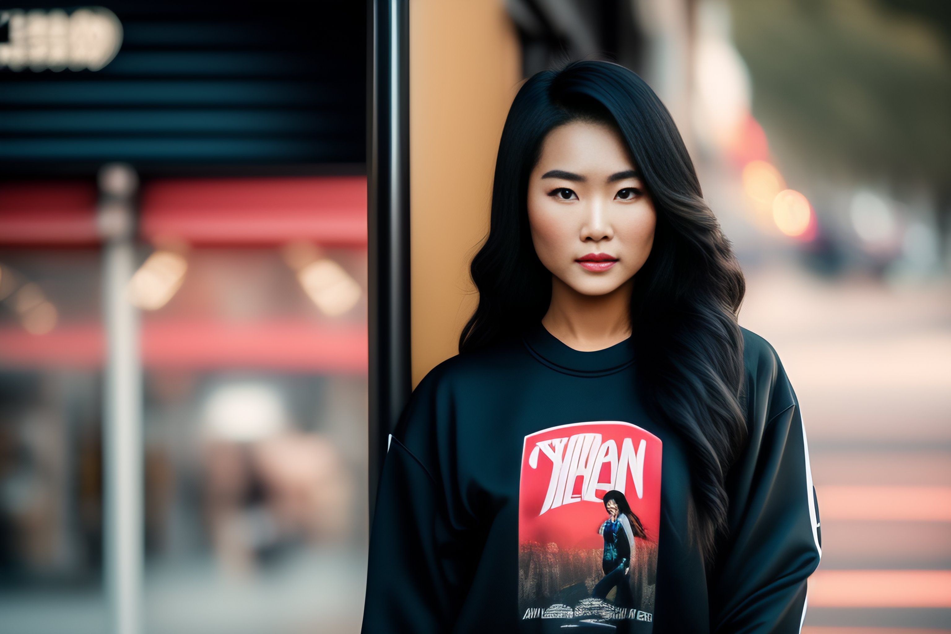 Lexica - Asian Model in a Vans sweatshirt, metalcore, defiant energy, urban