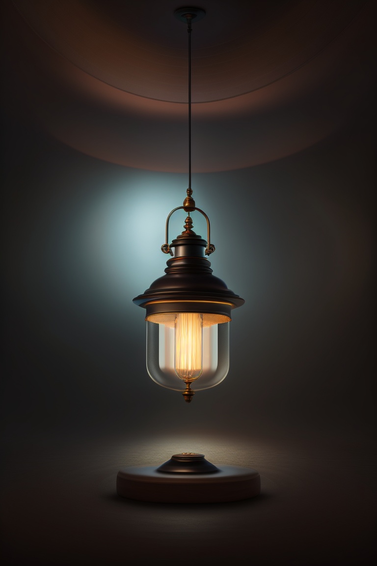 Lexica - A dark room in which a lamp hangs from above, from which light ...