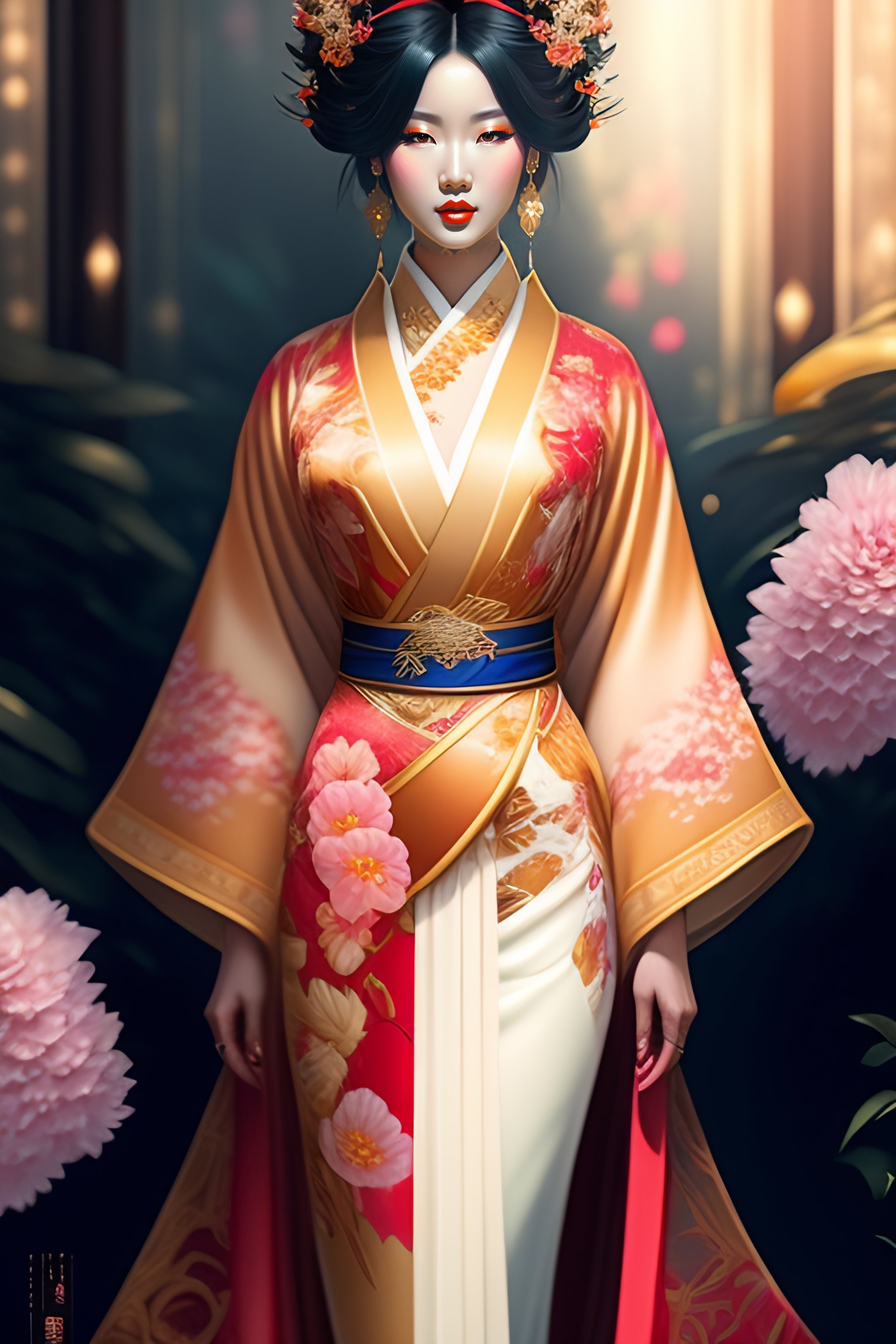 Lexica - Full body artwork of a beautiful geisha, wearing a flowery ...