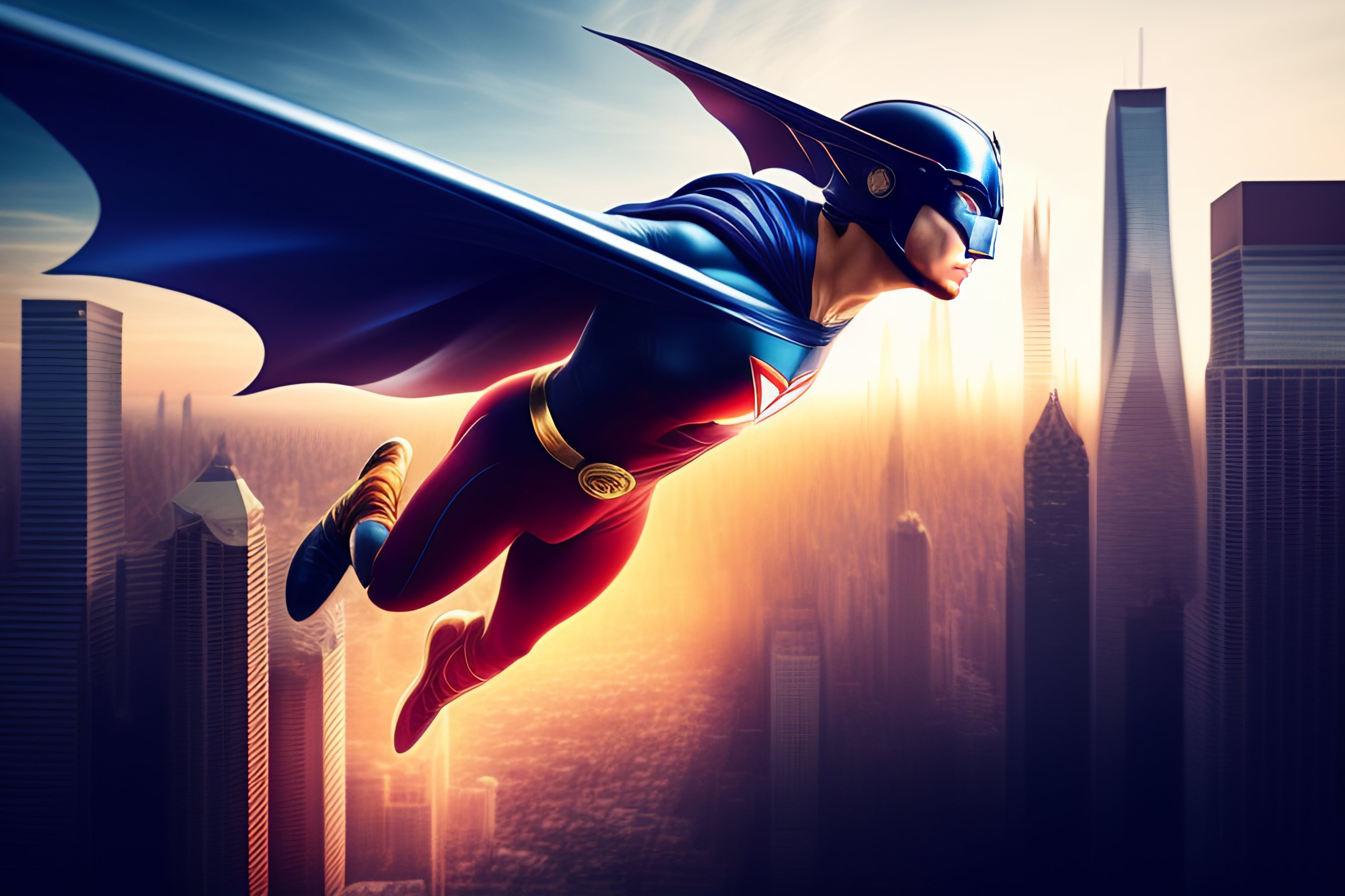 Lexica - Flying super hero human over city with wings