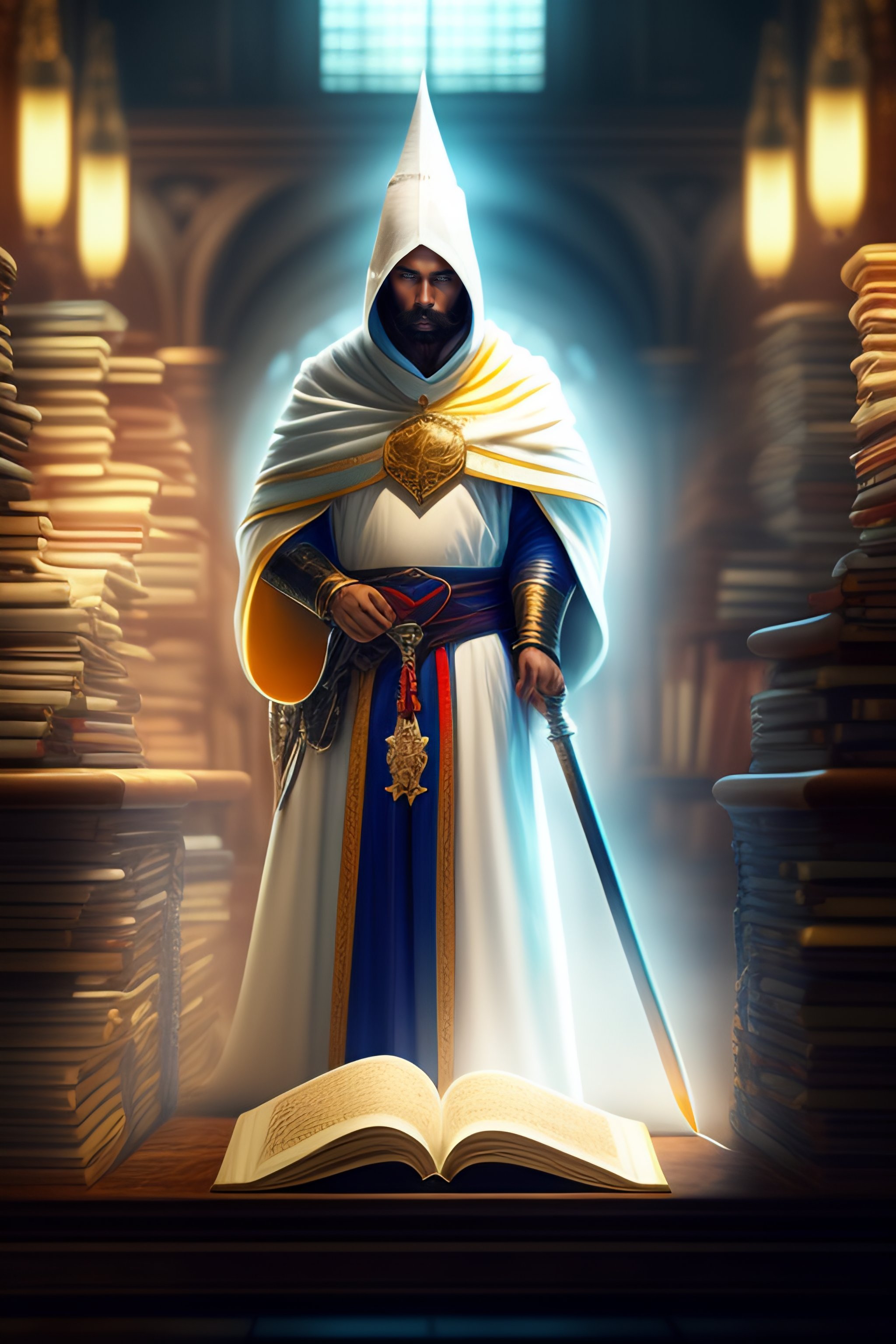 Lexica - Wizard with white robe and sword studing in bibliotheque