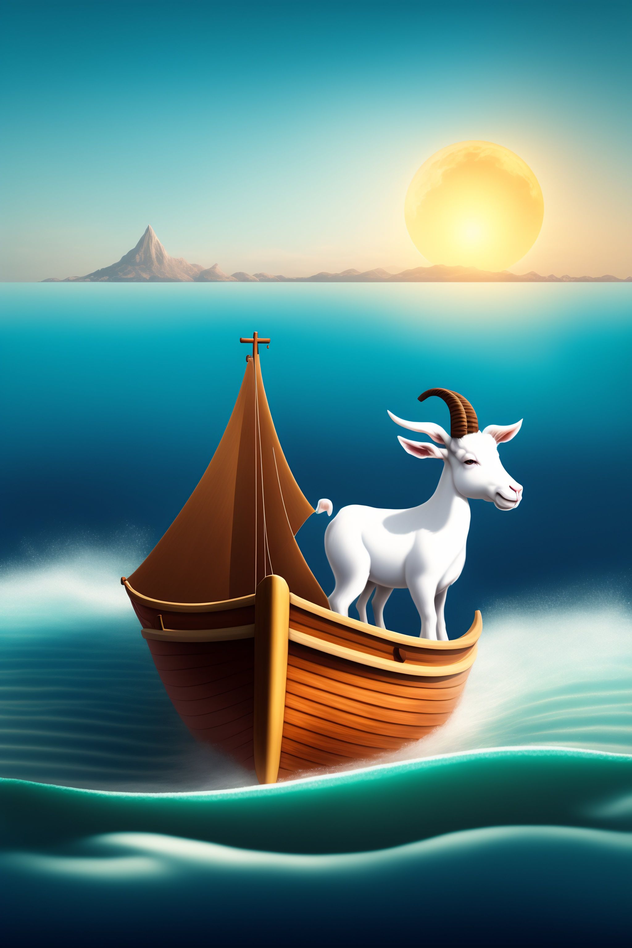 Lexica - Cartoon goat with a boat at sea in the sun